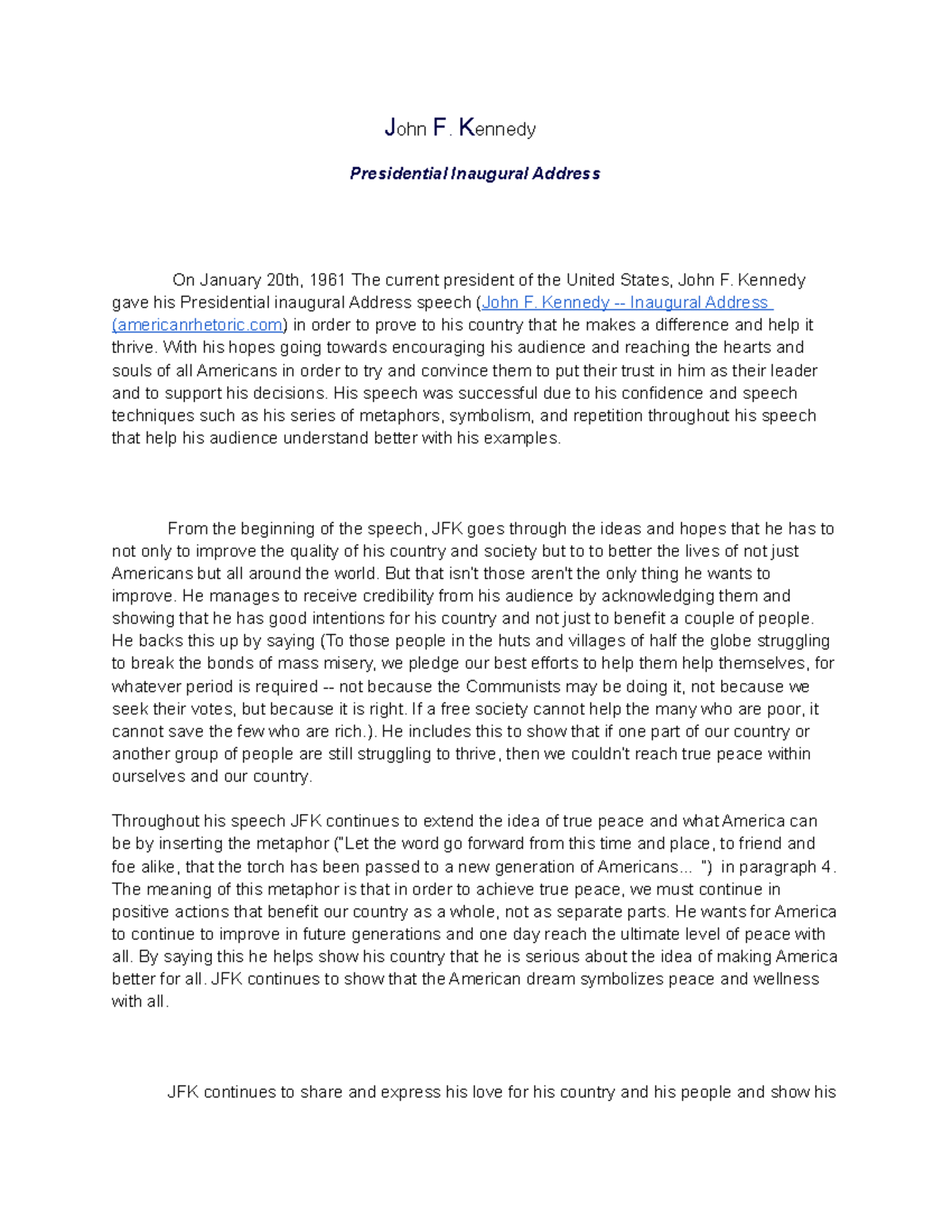Rhetorical Analysis of JFK's Inaugural Address - Assignment #3 - Studocu