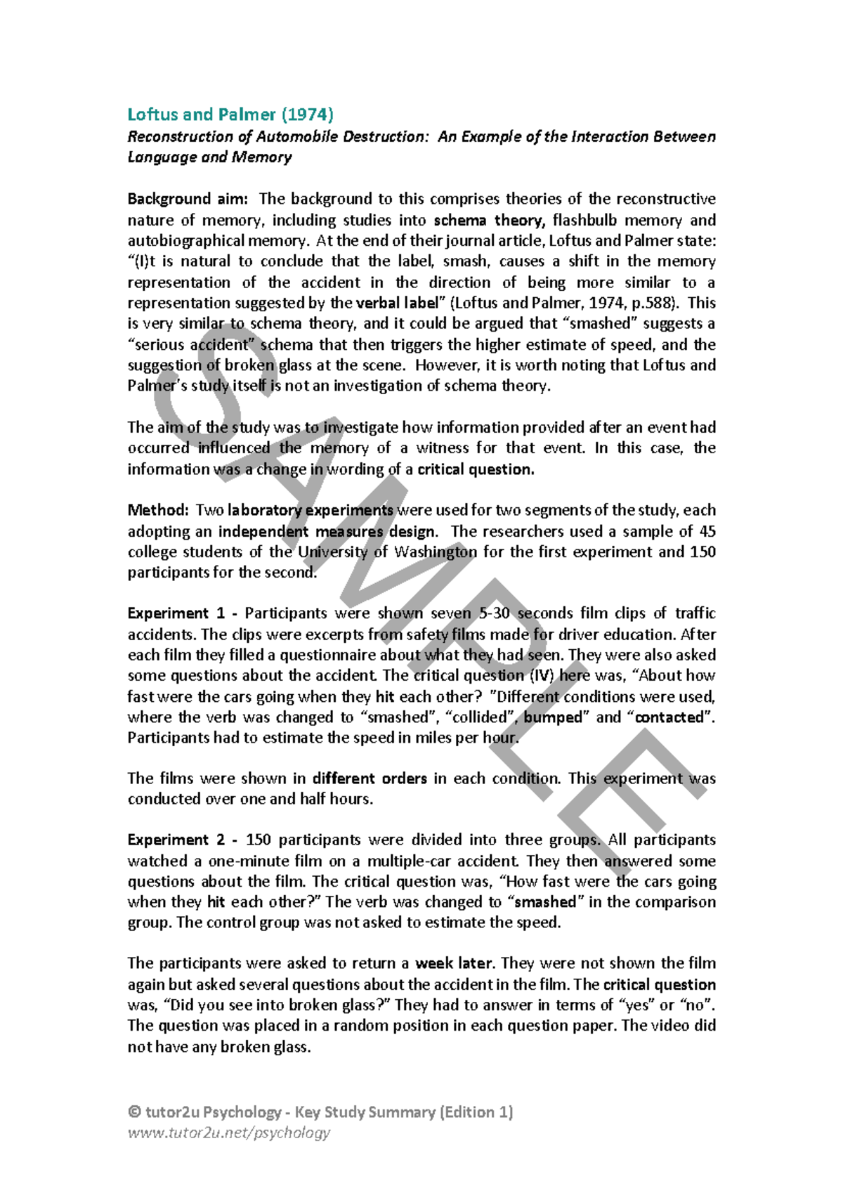 Loftus and Palmer (1974) - Key Study Summary on Memory and Language ...