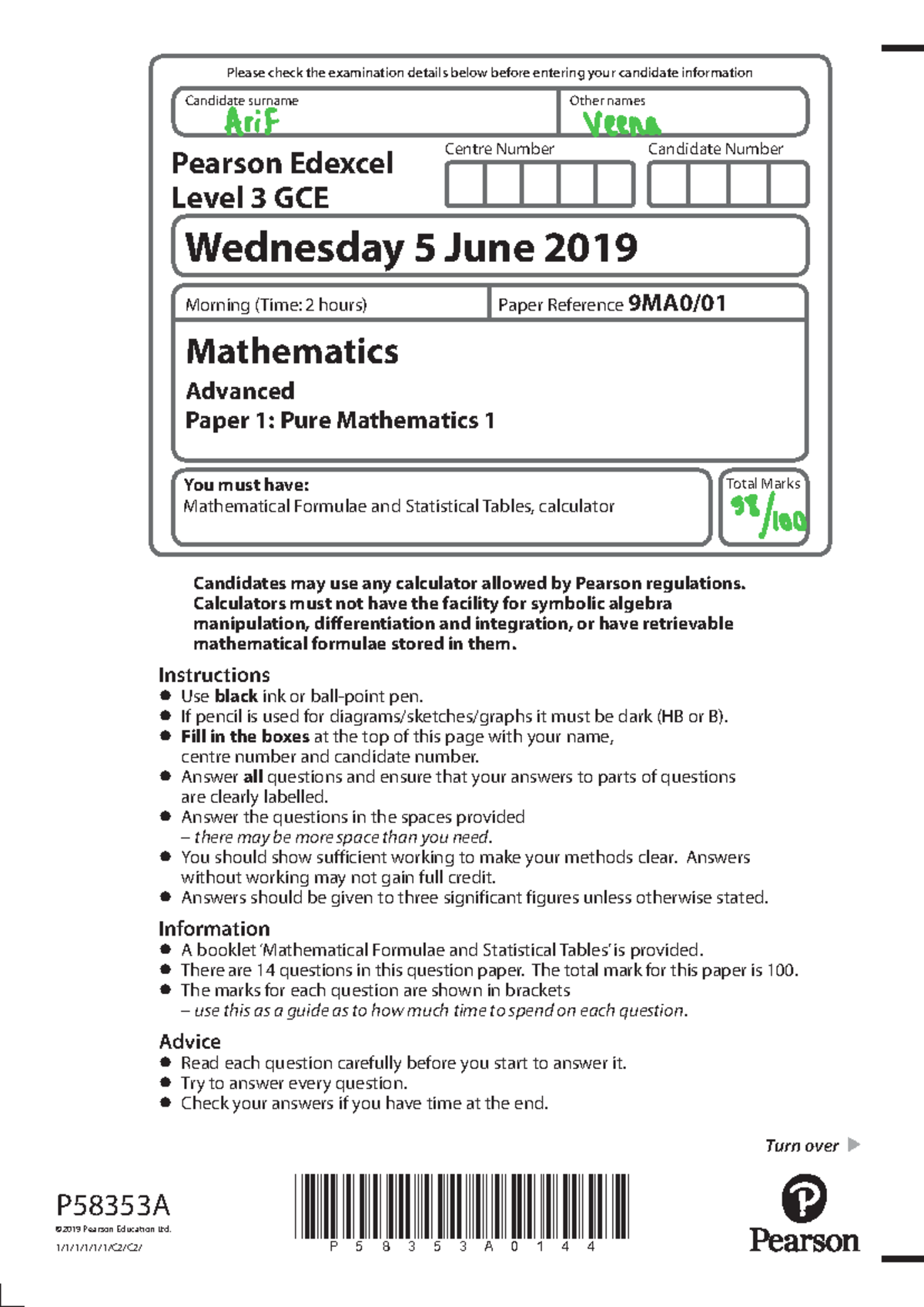 A Level Mathematics (Edexcel) - Pure Mathematics 1 Exam Paper - June ...