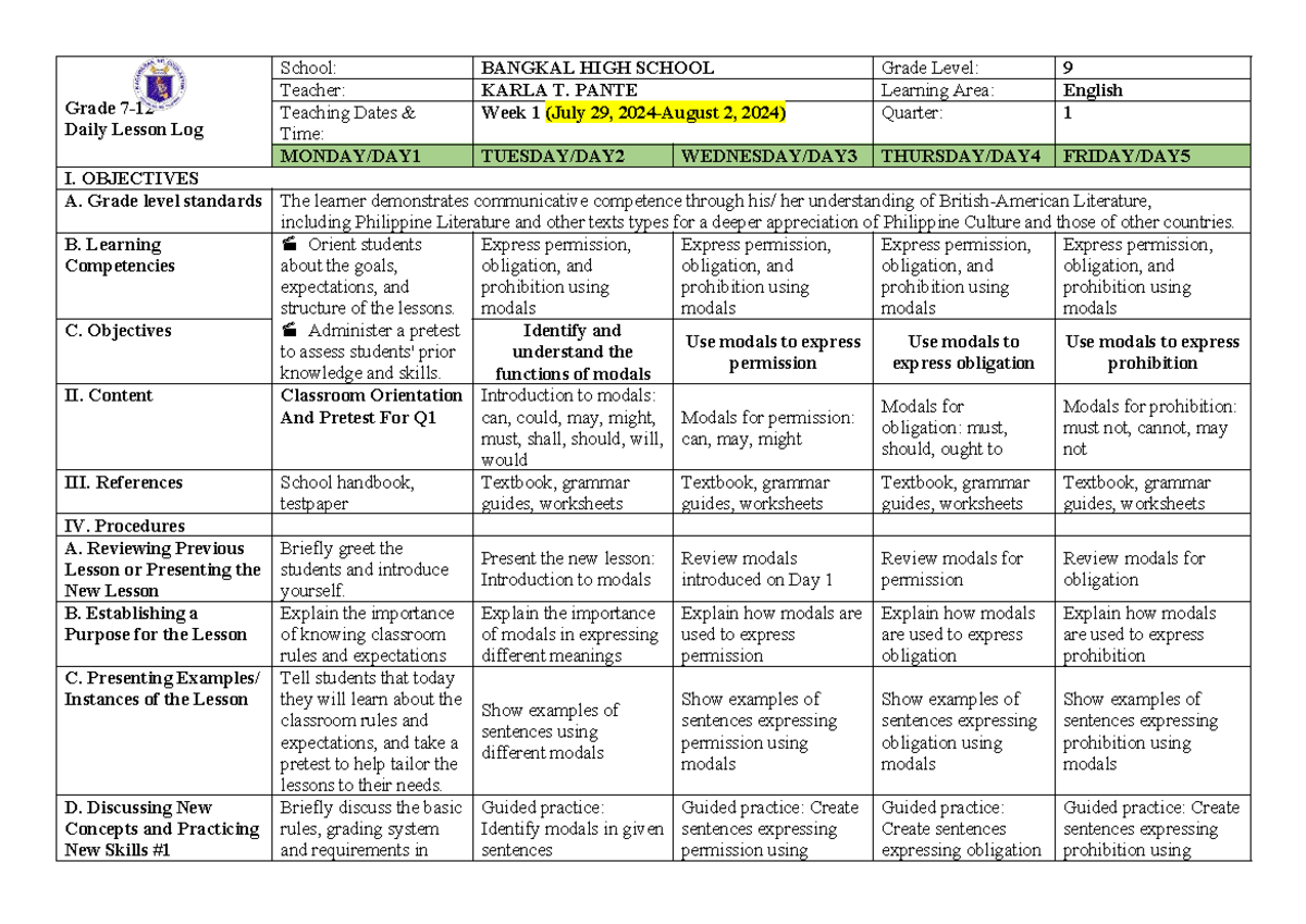 Grade 9 English 1 Daily Lesson Log: Communicative Styles & Modals - Studocu