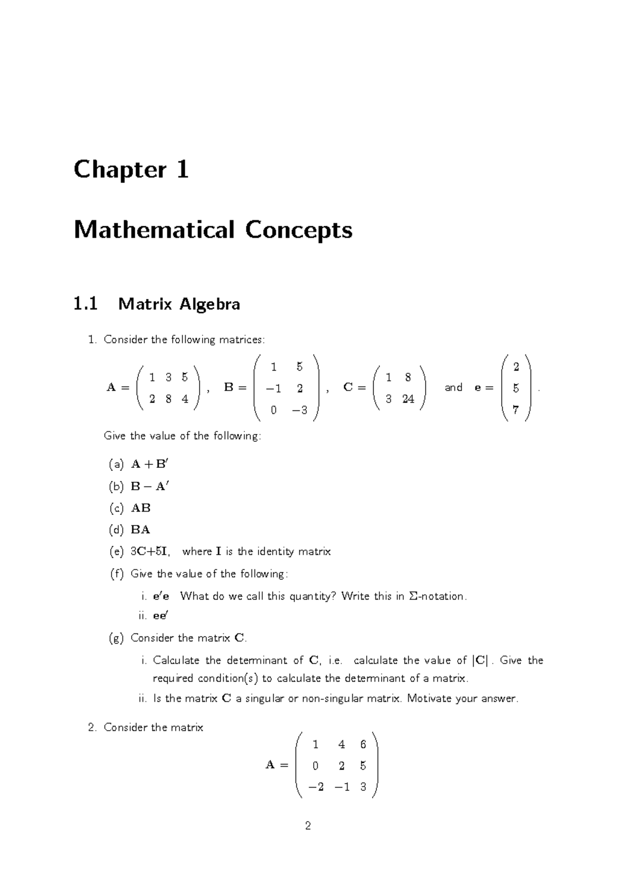 Matrices Application - Chapter 1 Mathematical Concepts 1 Matrix Algebra ...