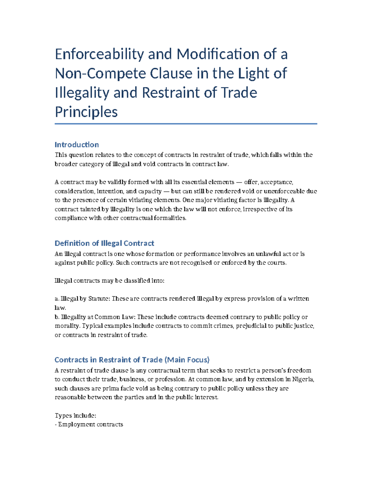 Non-Compete Clause Essay: Enforceability & Illegality in Contracts ...