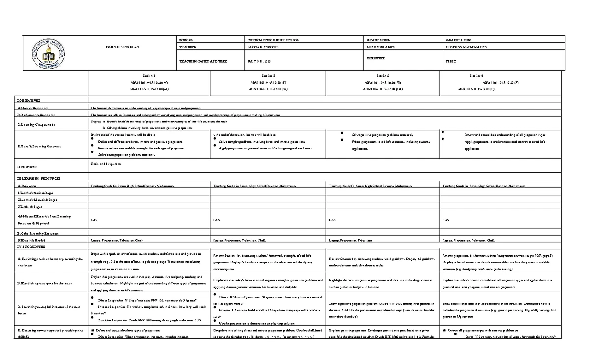DAILY LESSON PLAN: BUSINESS MATH GRADE 11 ABM - WEEK 2 - Studocu