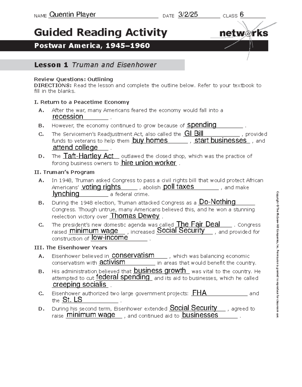 Guided Reading Activity: Postwar America (1945-1960) - Lesson 1 ...
