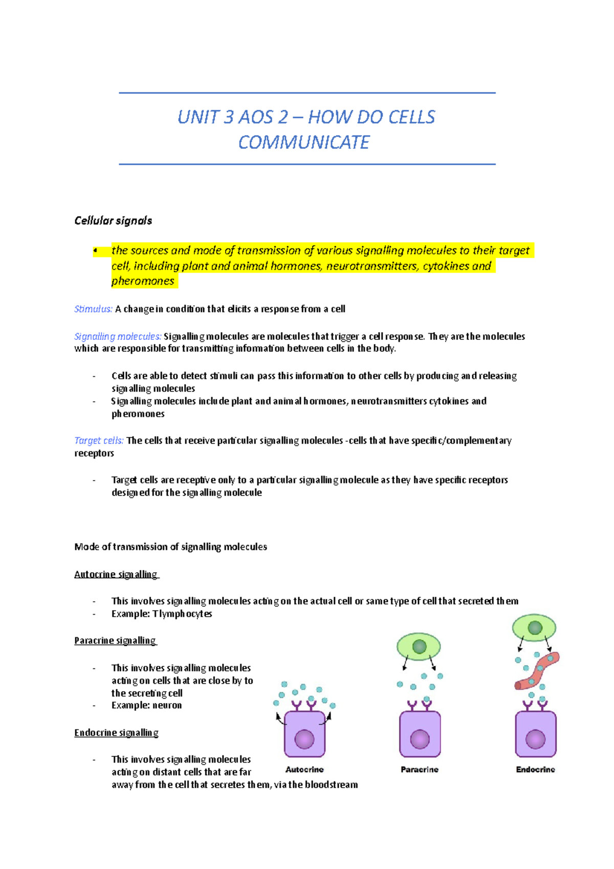 VCE BIO 3 AOS 2 - Complete Study Guide on Cell Communication - Studocu