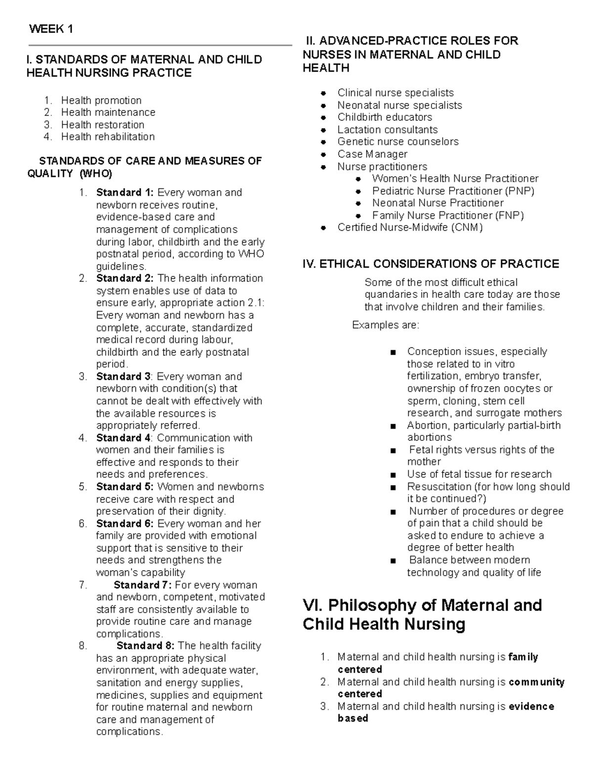 WEEK 1-5: Standards & Practices in Maternal and Child Health Nursing ...