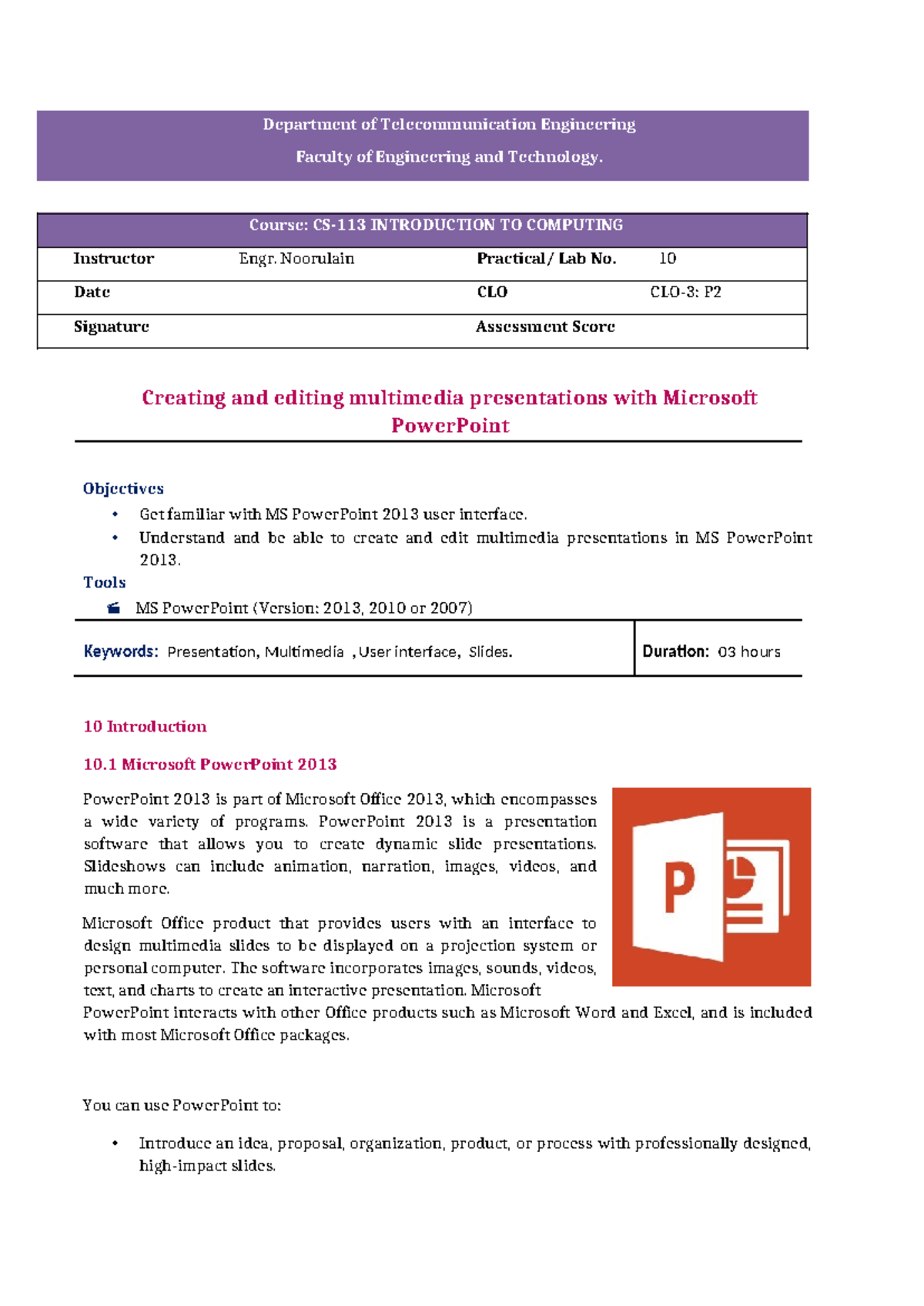 Lab 10: Creating Multimedia Presentations with MS PowerPoint (ICT ...