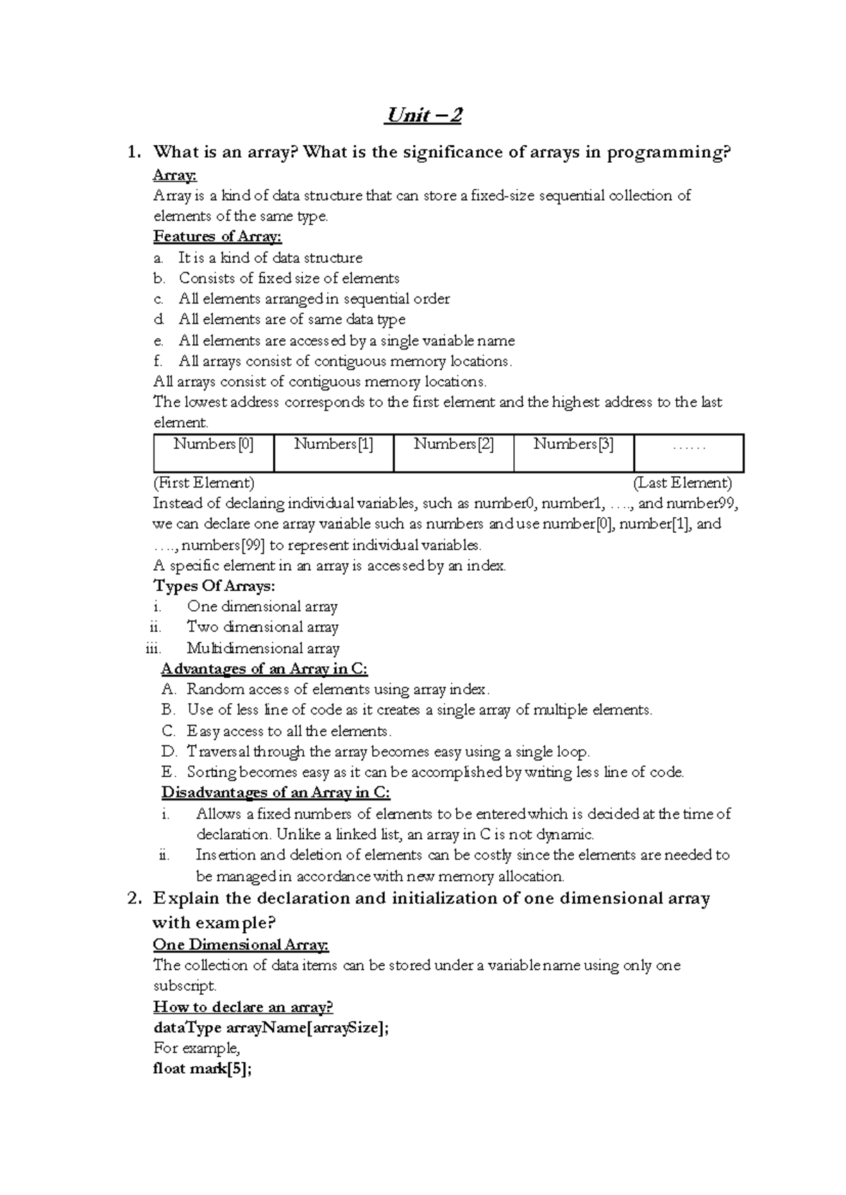 Arrays and its programs - Unit – 2 1. What is an array? What is the significance of arrays in ...