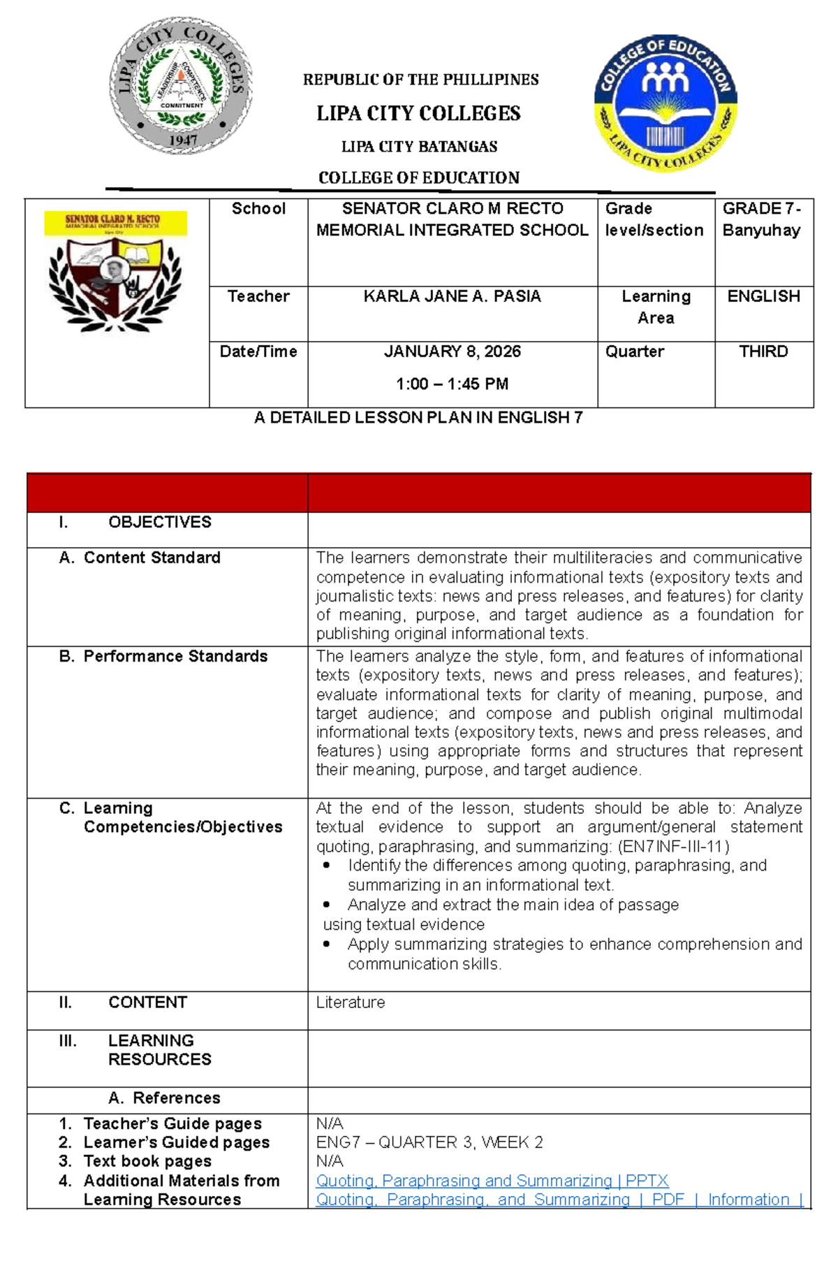 Detailed Lesson Plan for English 7 (ENG7) - Quoting, Paraphrasing ...