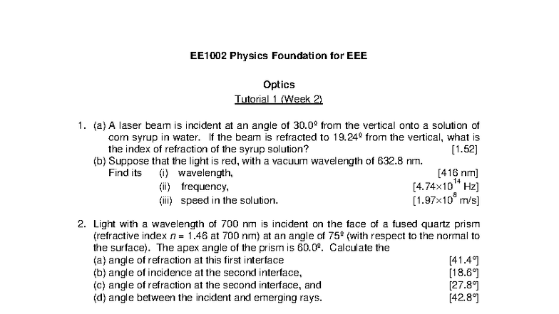 EE1002 Optics Tutorial 1 - Refraction & Light Behavior Problems - Studocu
