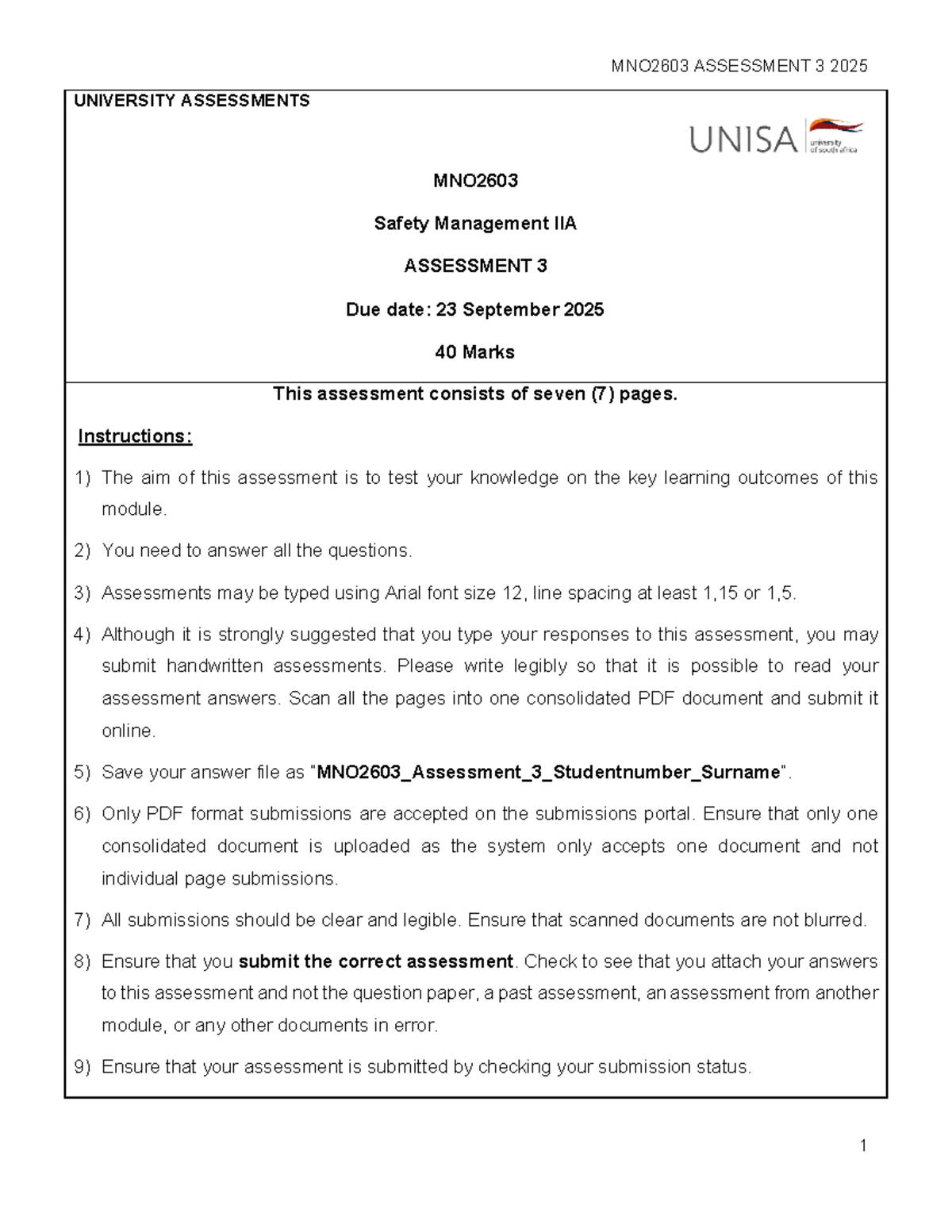 MNO2603 Assessment 3: Safety Management IIA Guidelines & Case Studies - Studocu