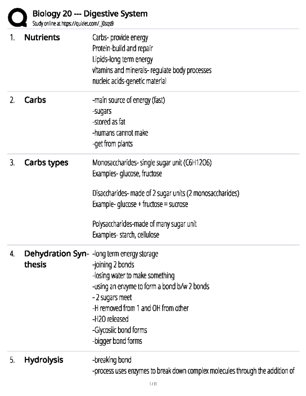 Q Biology 20 Digestive System Study Notes: Key Concepts and Processes ...