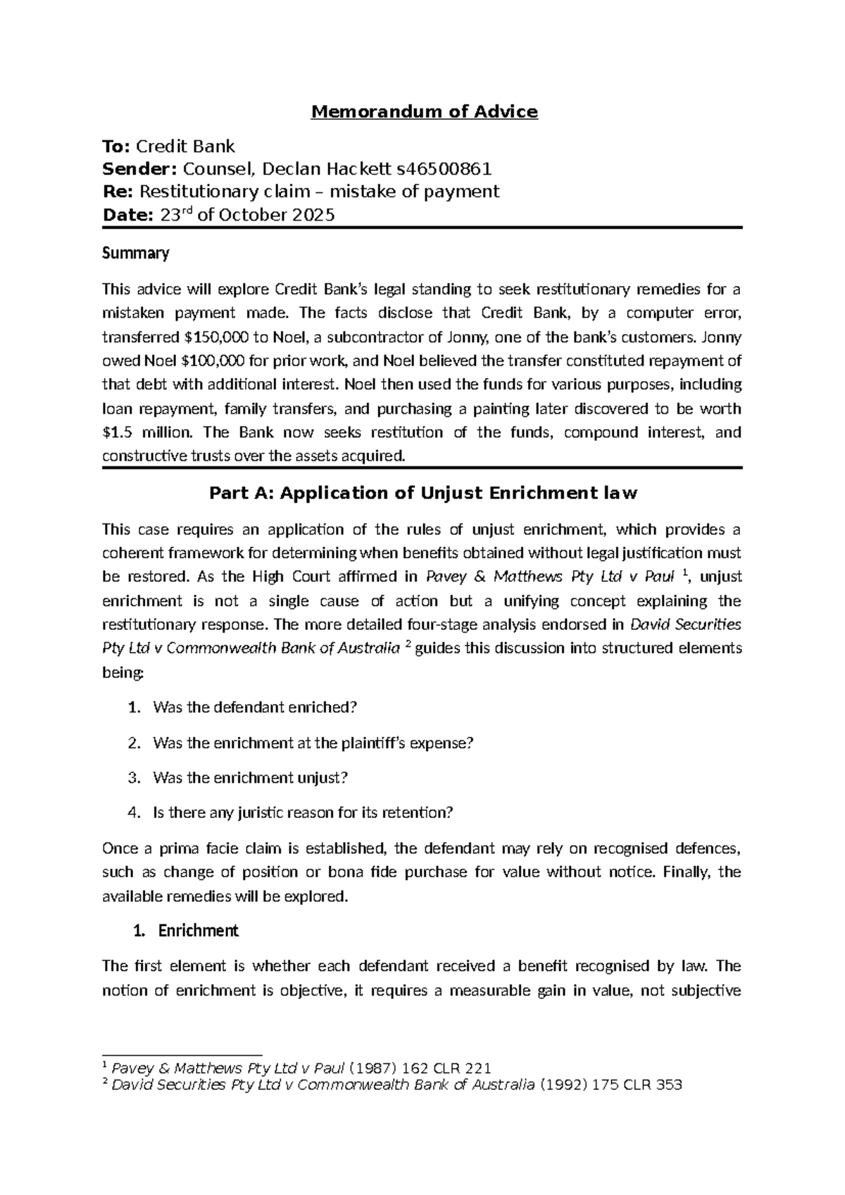 Unjust Enrichment: Problem Solving Exercise (s46500861) - Studocu