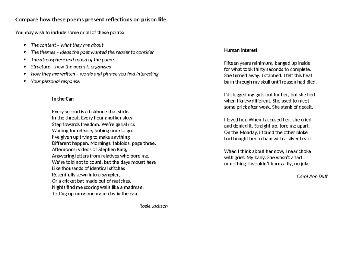 Comparative Analysis of Prison Life in Poems [3904] - Studocu