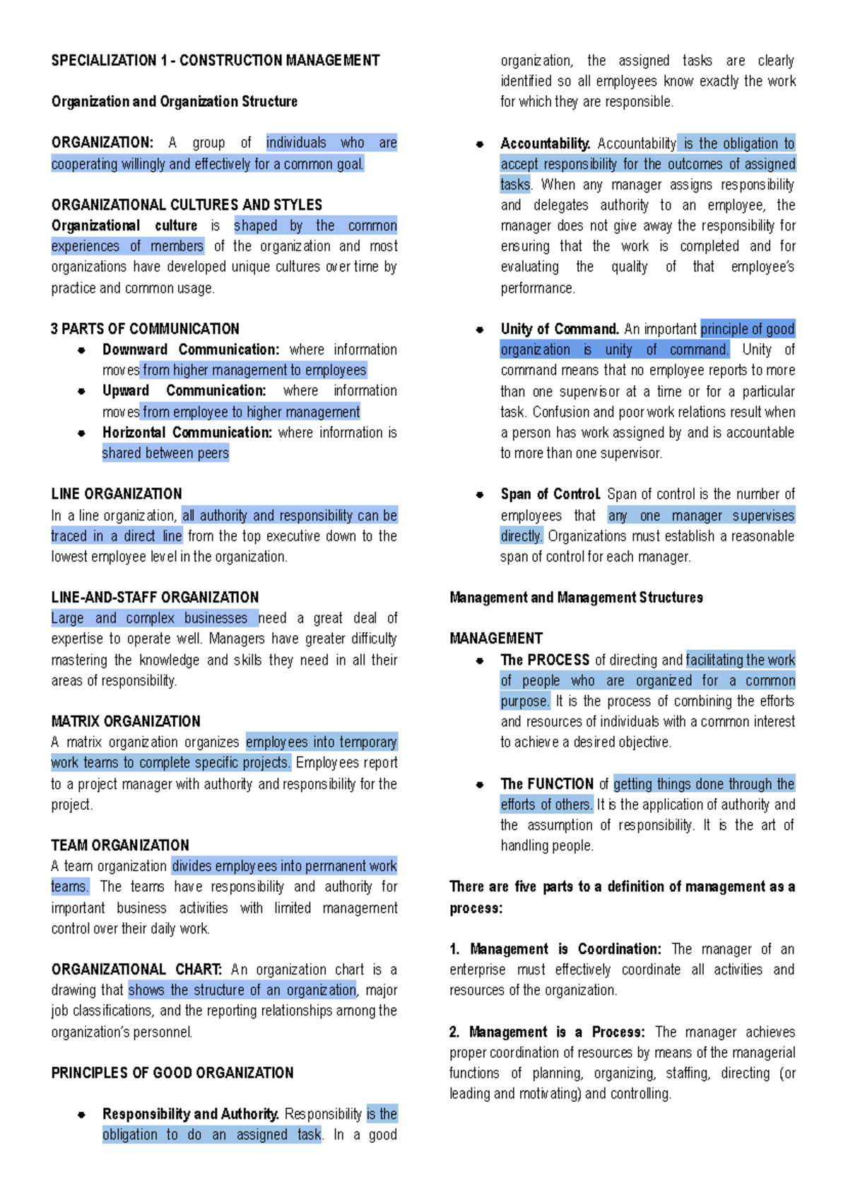 Specialization 1: Construction Management - Org Structure & Roles - Studocu