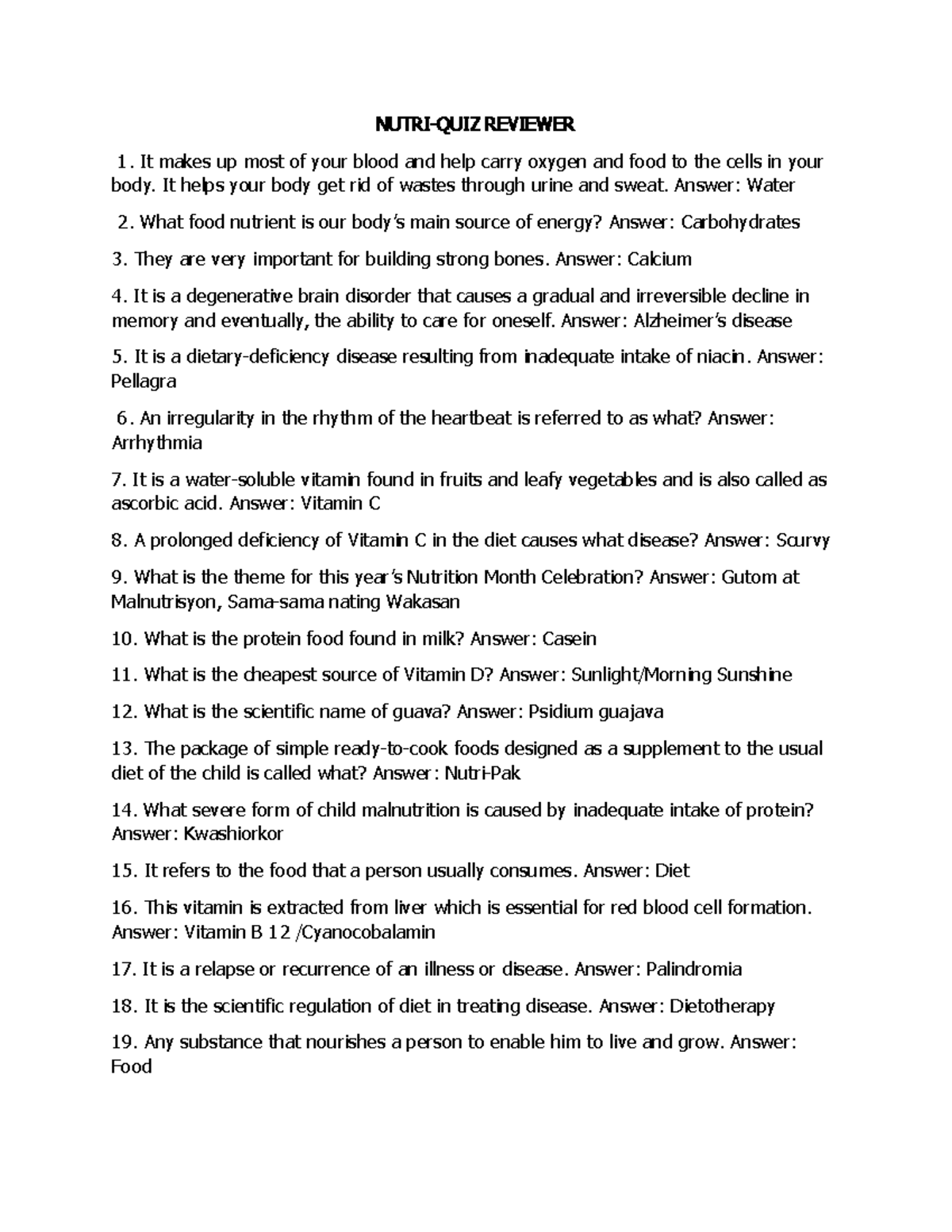 NUTRI 101: Comprehensive QUIZ Questions Reviewer for Nutrition - Studocu