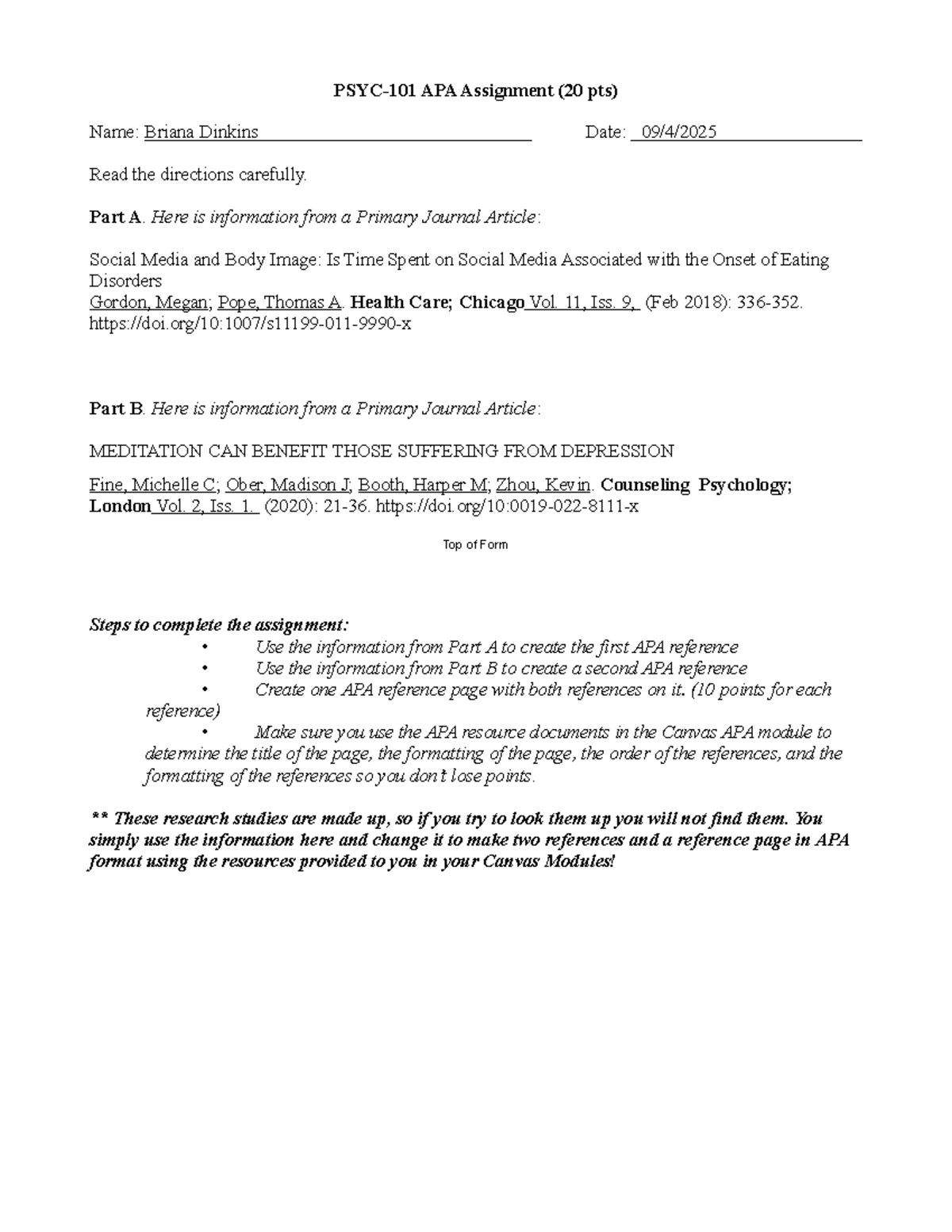 PSYC-101 APA Assignment: Creating References from Journal Articles - Studocu