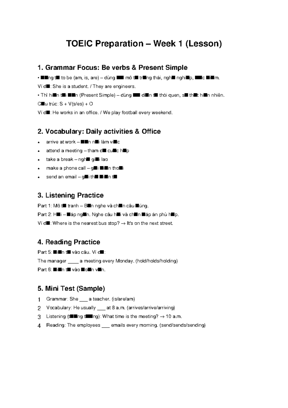 TOEIC Preparation Week 1 (Lesson): Grammar, Vocabulary & Practice - Studocu