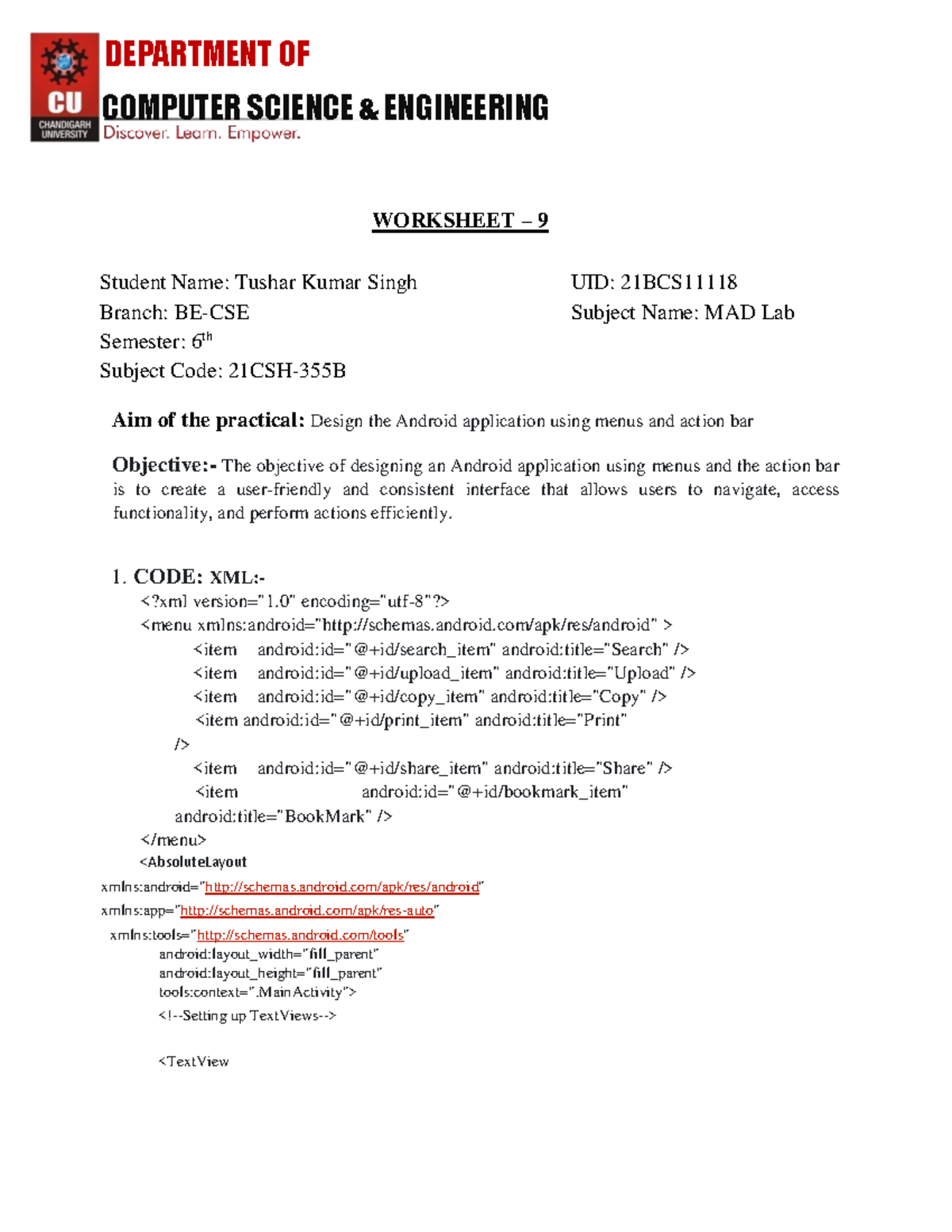 21BCS11118 MAD Lab Worksheet 9: Android App Design - Studocu