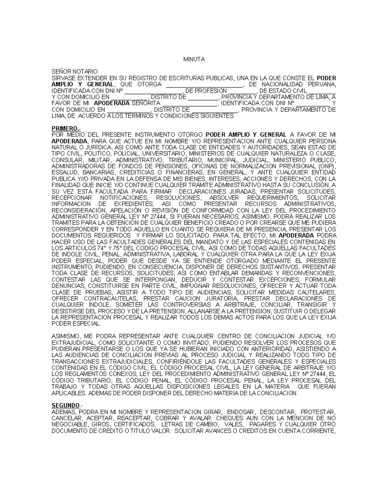Poder Amplio y General - Minuta Notarial 2023 - Studocu