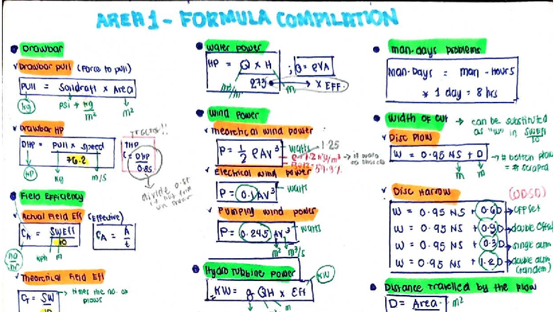 AREA1 - Formula Compilation for Drawbar Power Calculations - Studocu