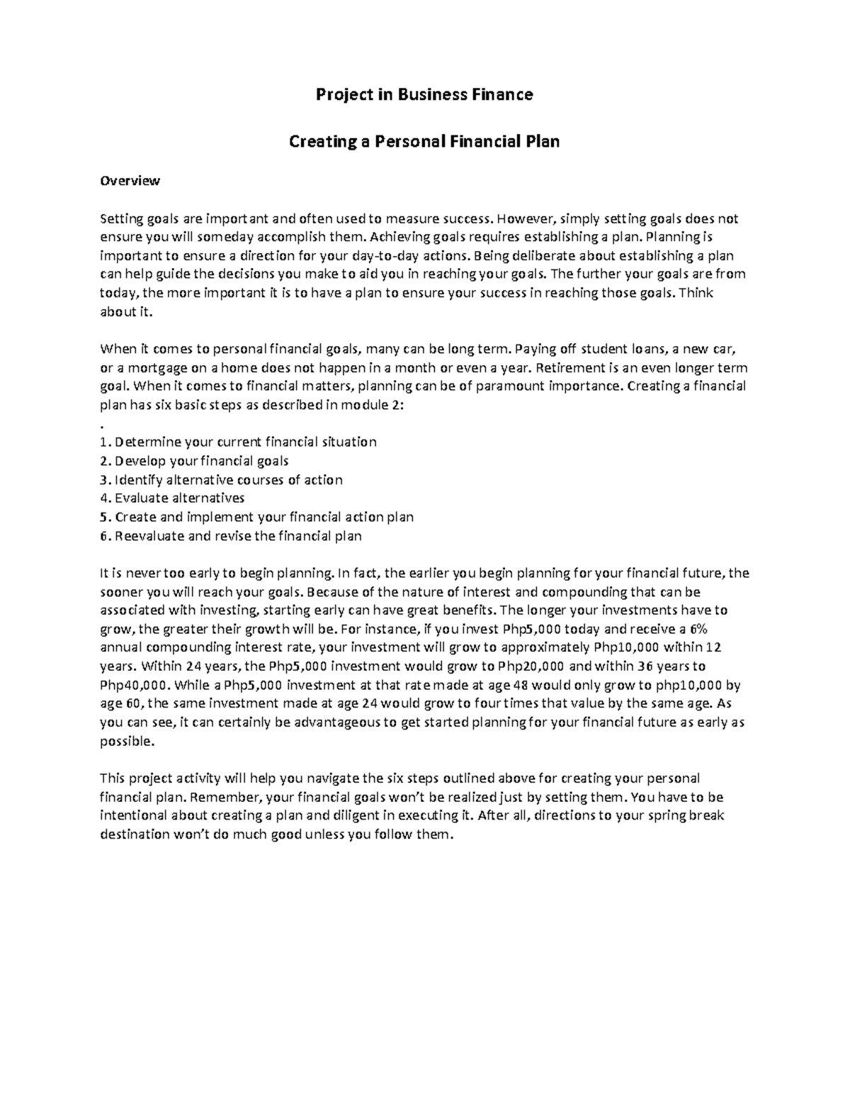 Business Finance FIN 301 Final Project: Personal Financial Planning ...