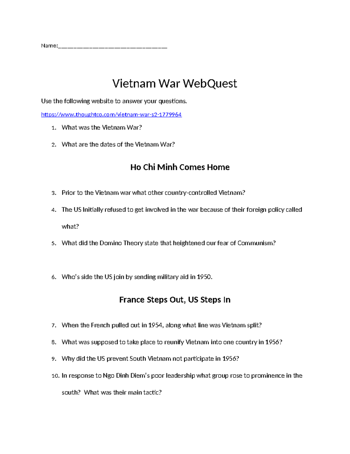 Vietnam War WebQuest - Questions & Analysis - Studocu
