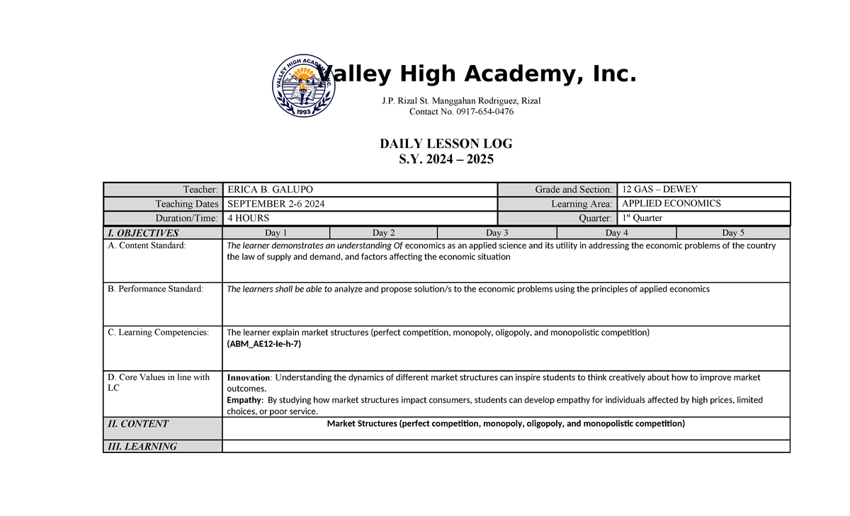 AP WEEK 5 DLL - Lesson Plan week 5 - Valley High Academy, Inc. J. Rizal ...
