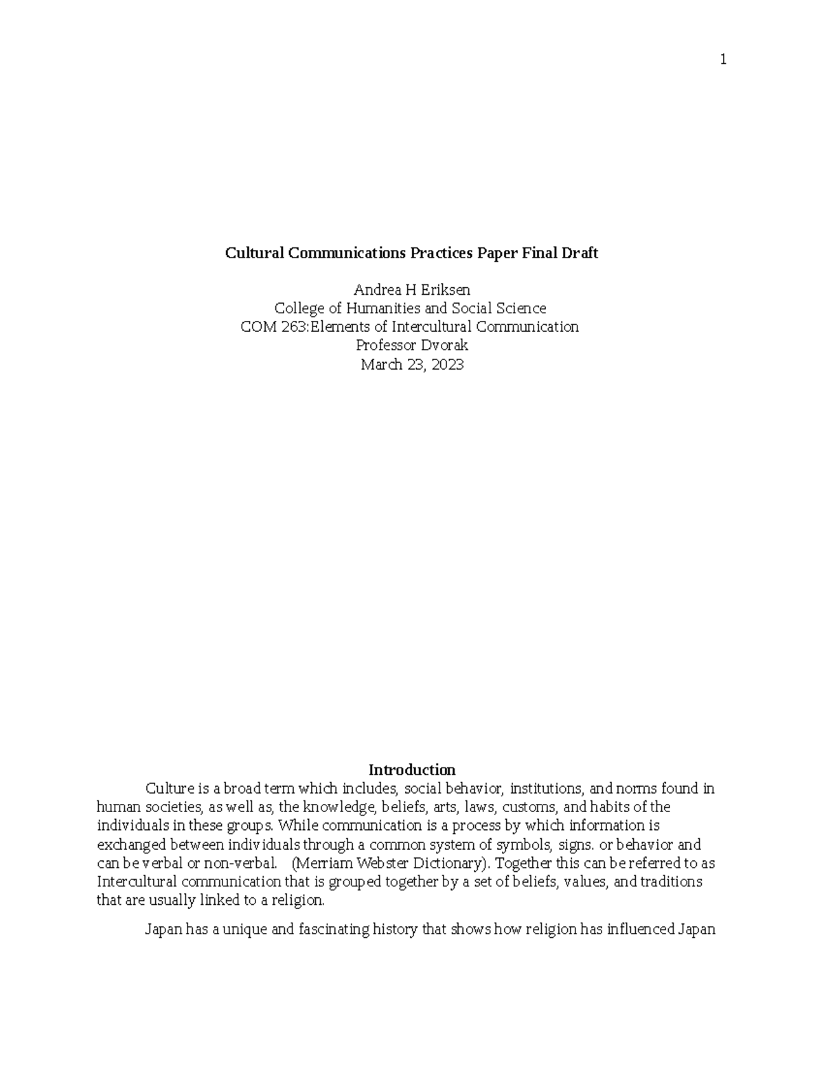 Cultural Communications Practices Paper- Andrea Eriksen - Cultural ...