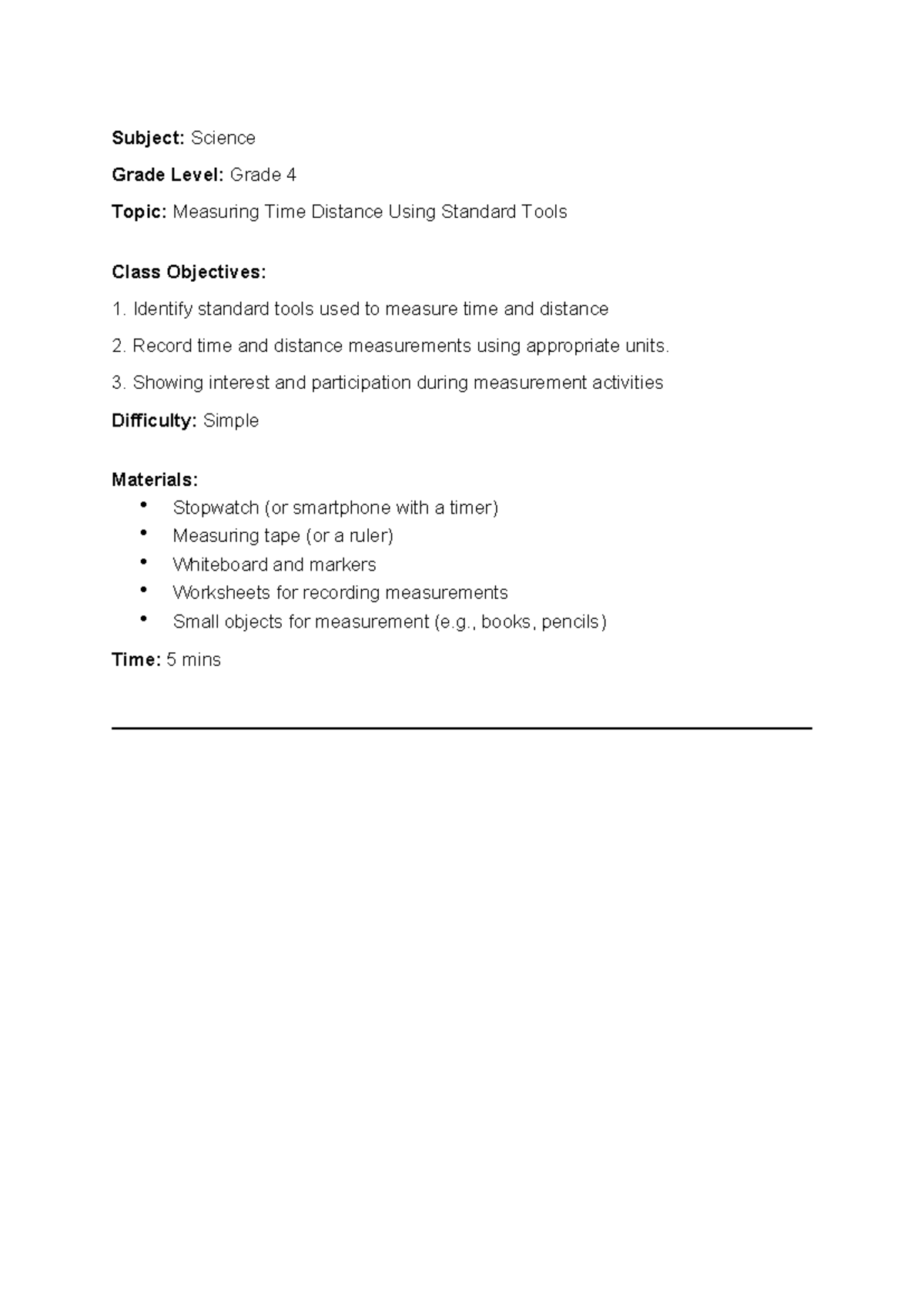 Activity: Measuring Time & Distance Tools - Grade 4 Science DLP - Studocu