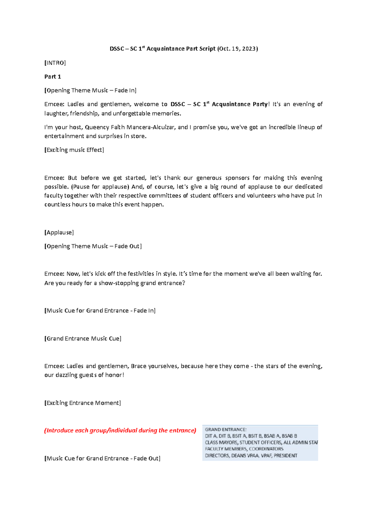 DSSC-SC 1st Acquaintance Party Emcee Script - Oct 19, 2023 - Studocu