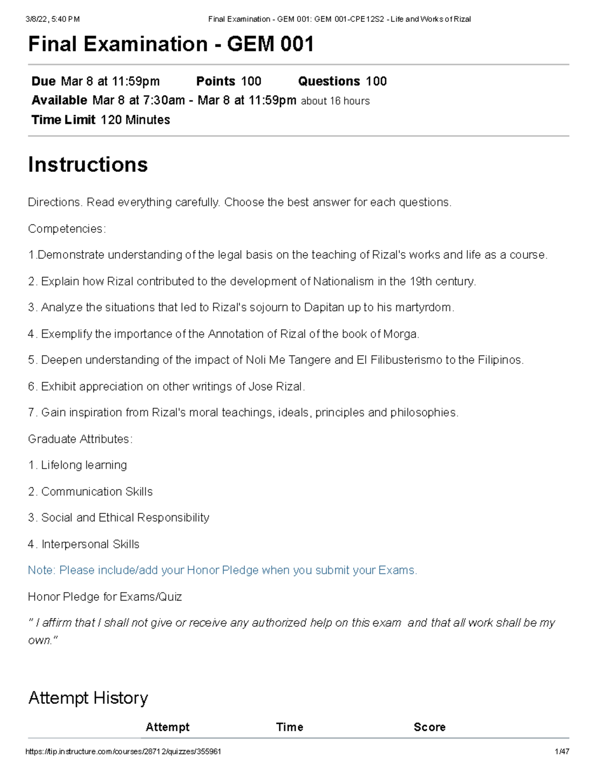 Final Examination - GEM 001 GEM 001-CPE12S2 - Life and Works of Rizal ...