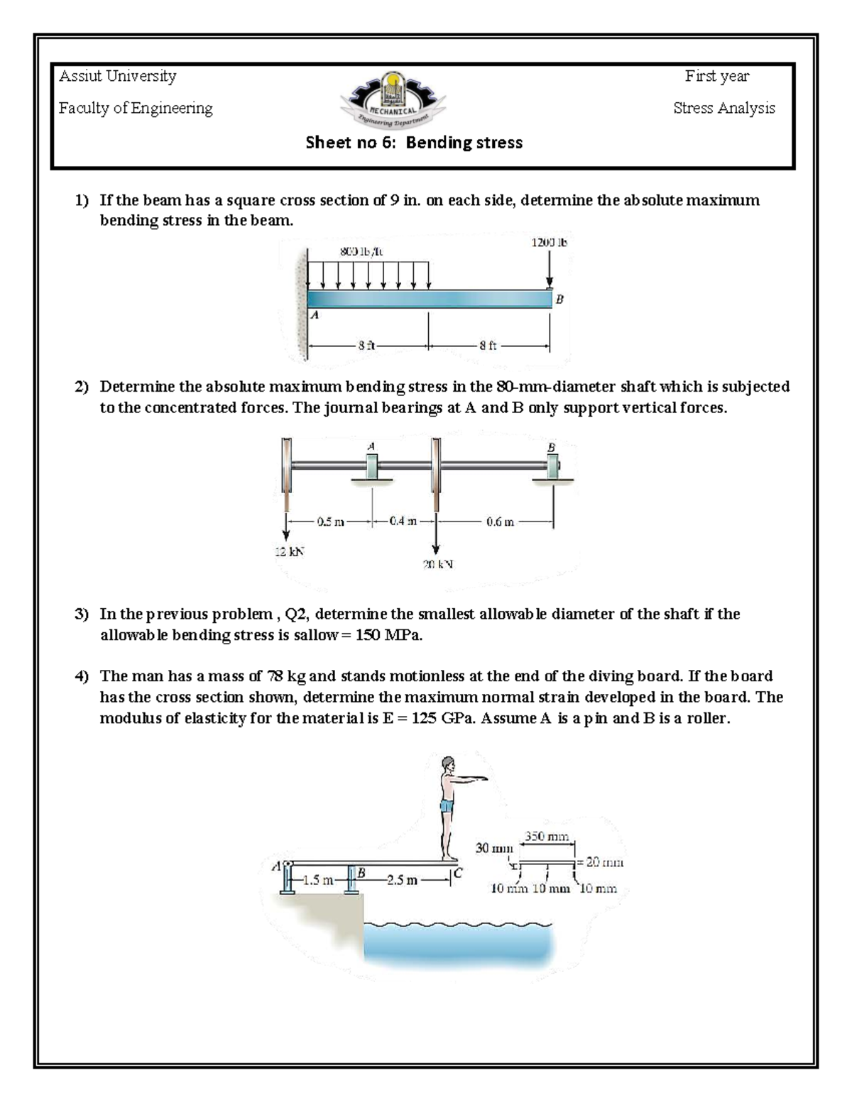 ENG 101: Stress Analysis Sheet No. 6 - Bending Stress Calculations ...