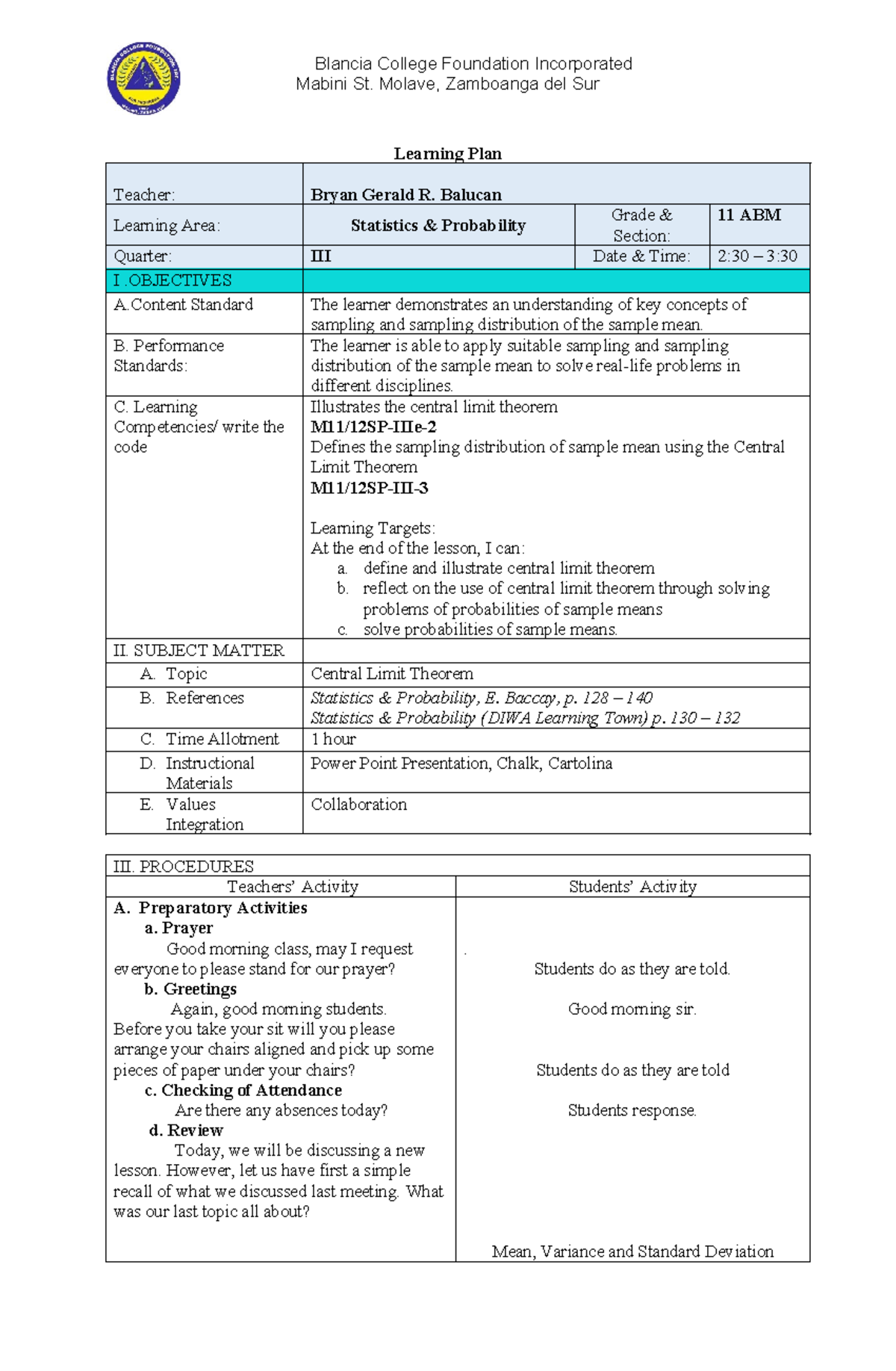 Central Limit Theorem Lesson Plan - M11/12SP-IIIe and M11/12SP-III ...