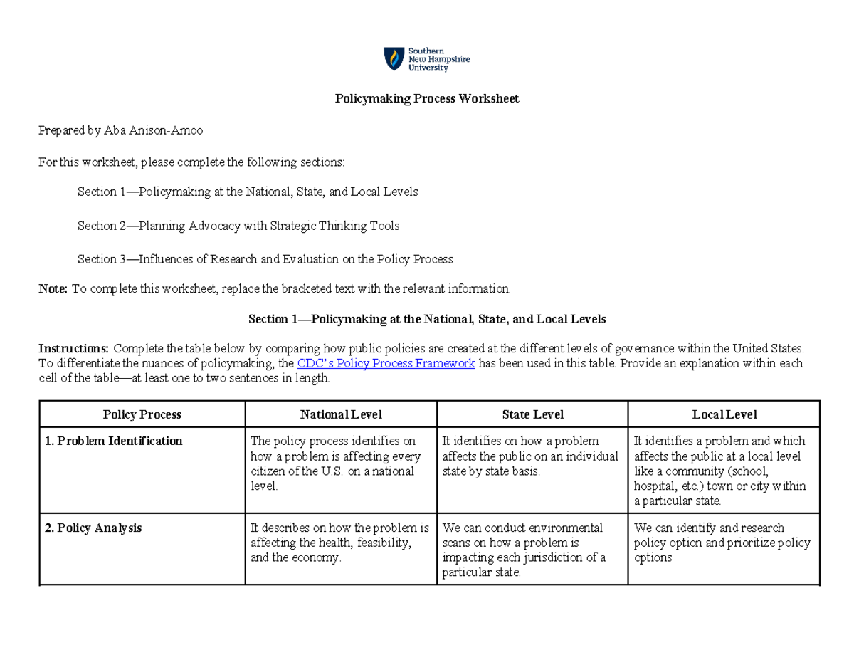 PHE 610 Final Exam Policymaking Process Worksheet and Analysis - Studocu