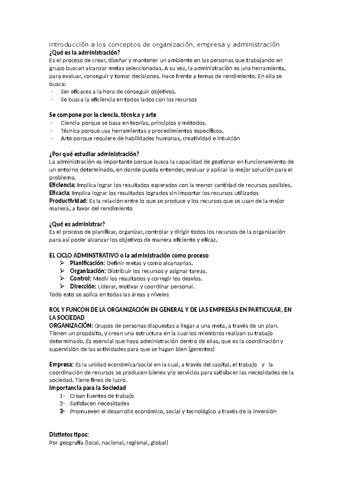 Resumen de Administración: Conceptos Clave y Funciones Esenciales - Studocu