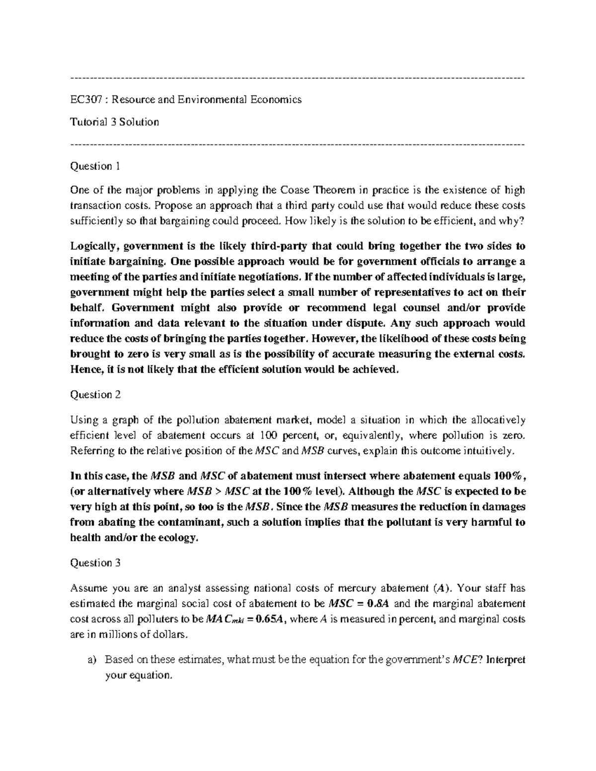 EC307 Tutorial 3 Solutions: Resource and Environmental Economics ...