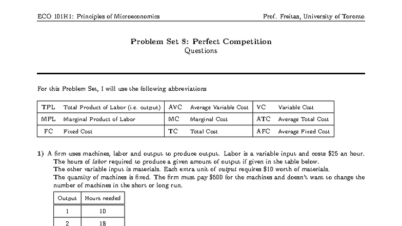 ECO 101H1: Problem Set 8 - Perfect Competition Questions - Studocu