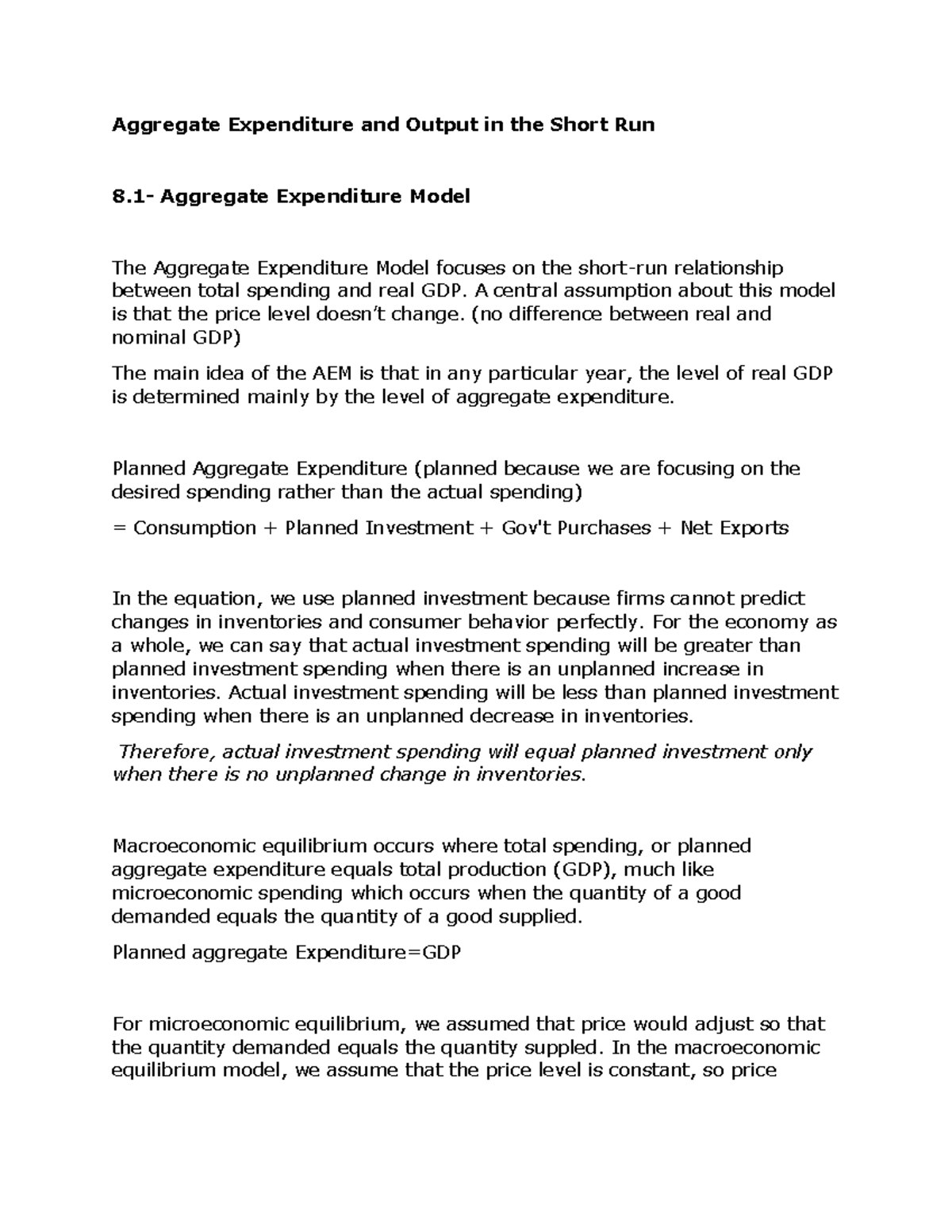 Econ 1100 Chapter 8: Aggregate Expenditure Model Insights - Studocu