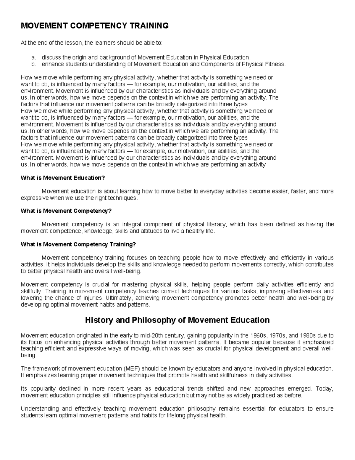 Movement Competency Training: Enhancing Physical Education Skills - Studocu