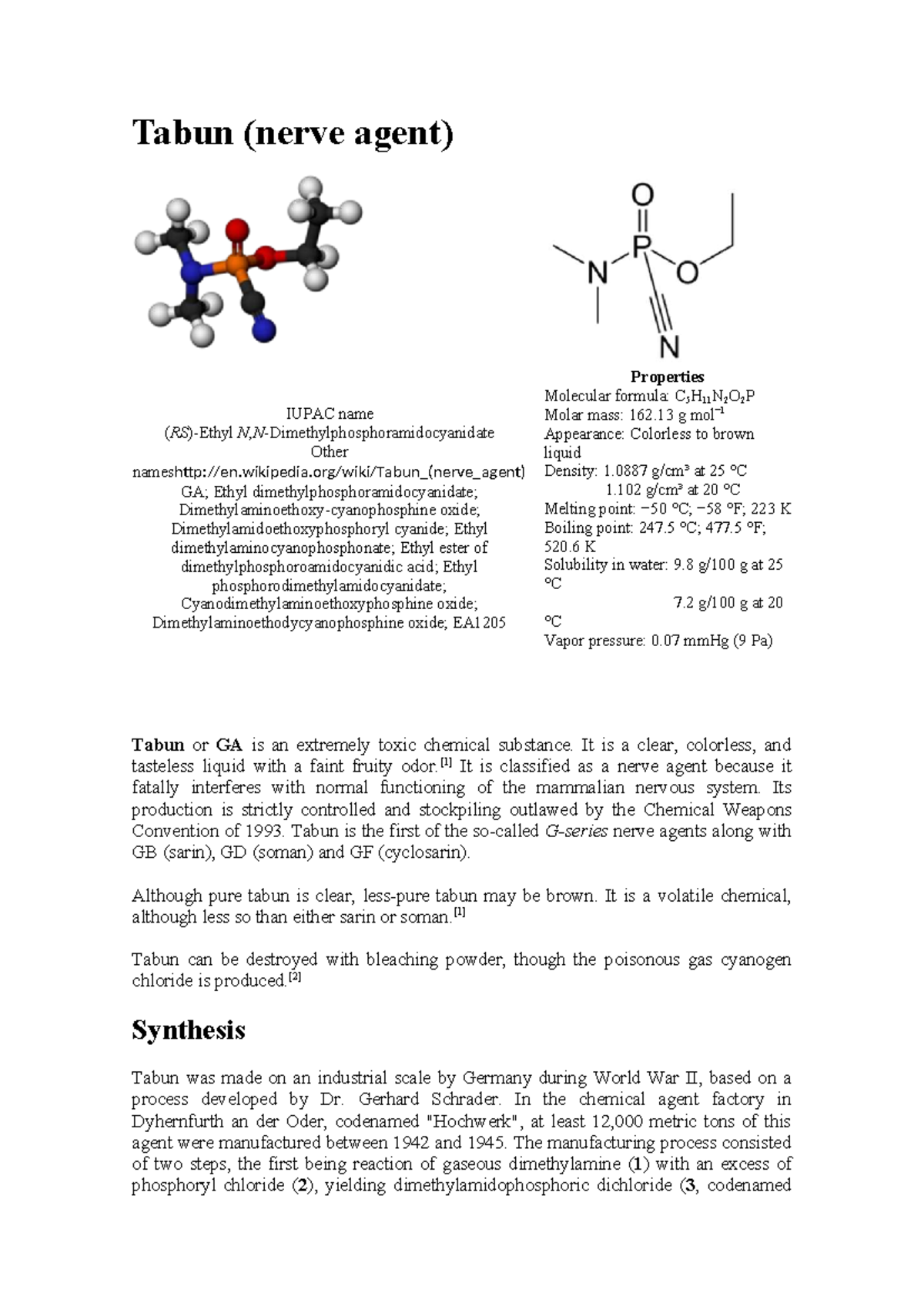 EA1205 Tabun (Nerve Agent): Properties, Synthesis, and Effects - Studocu