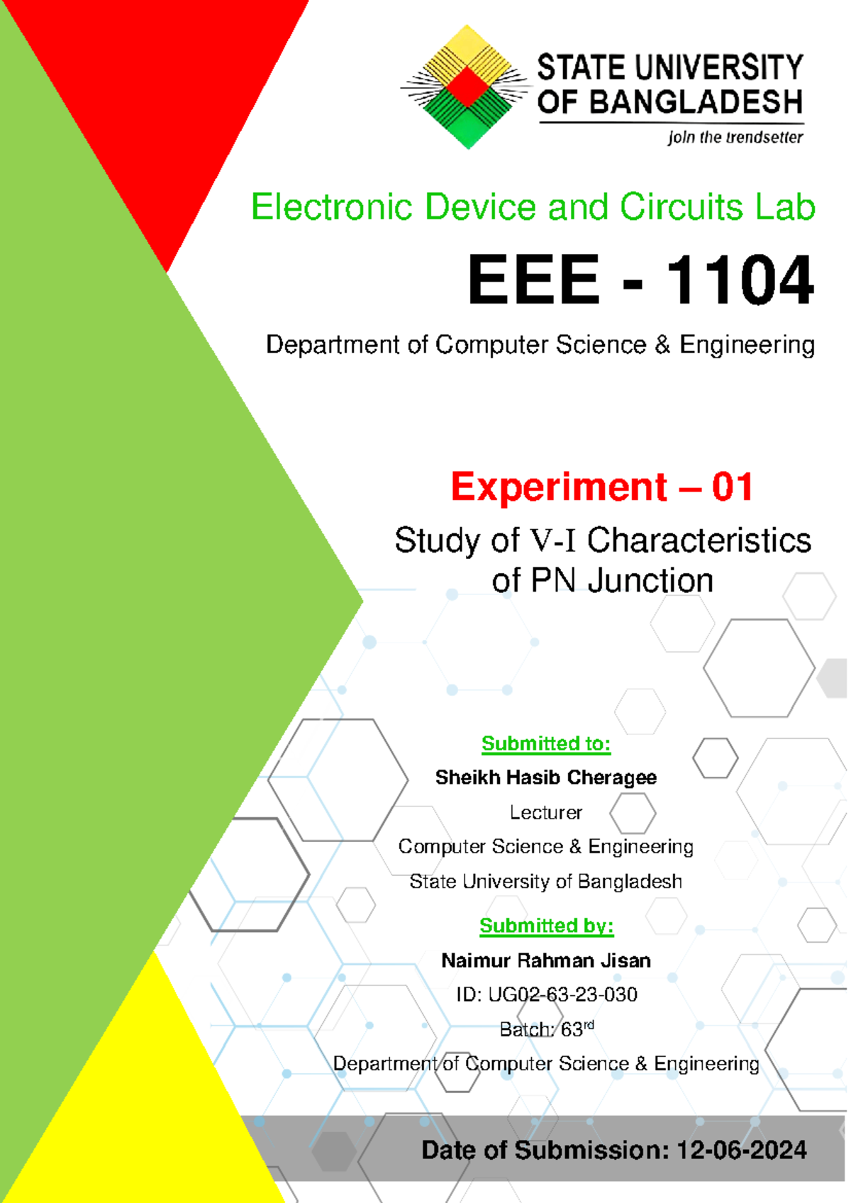 Cover page EXP 1 - Electronic Device and Circuits Lab EEE - 1104 ...