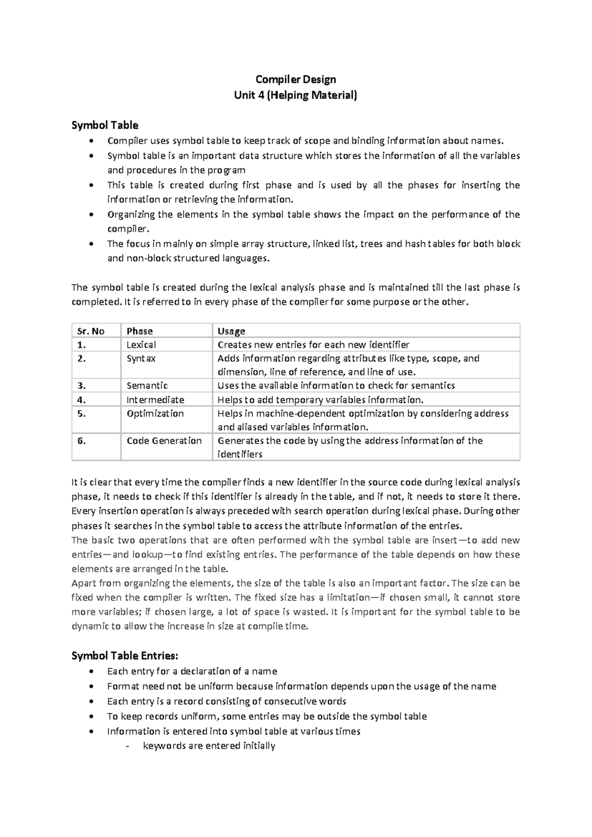 Compiler Design Unit 4 - Symbol Table Class Notes - Studocu