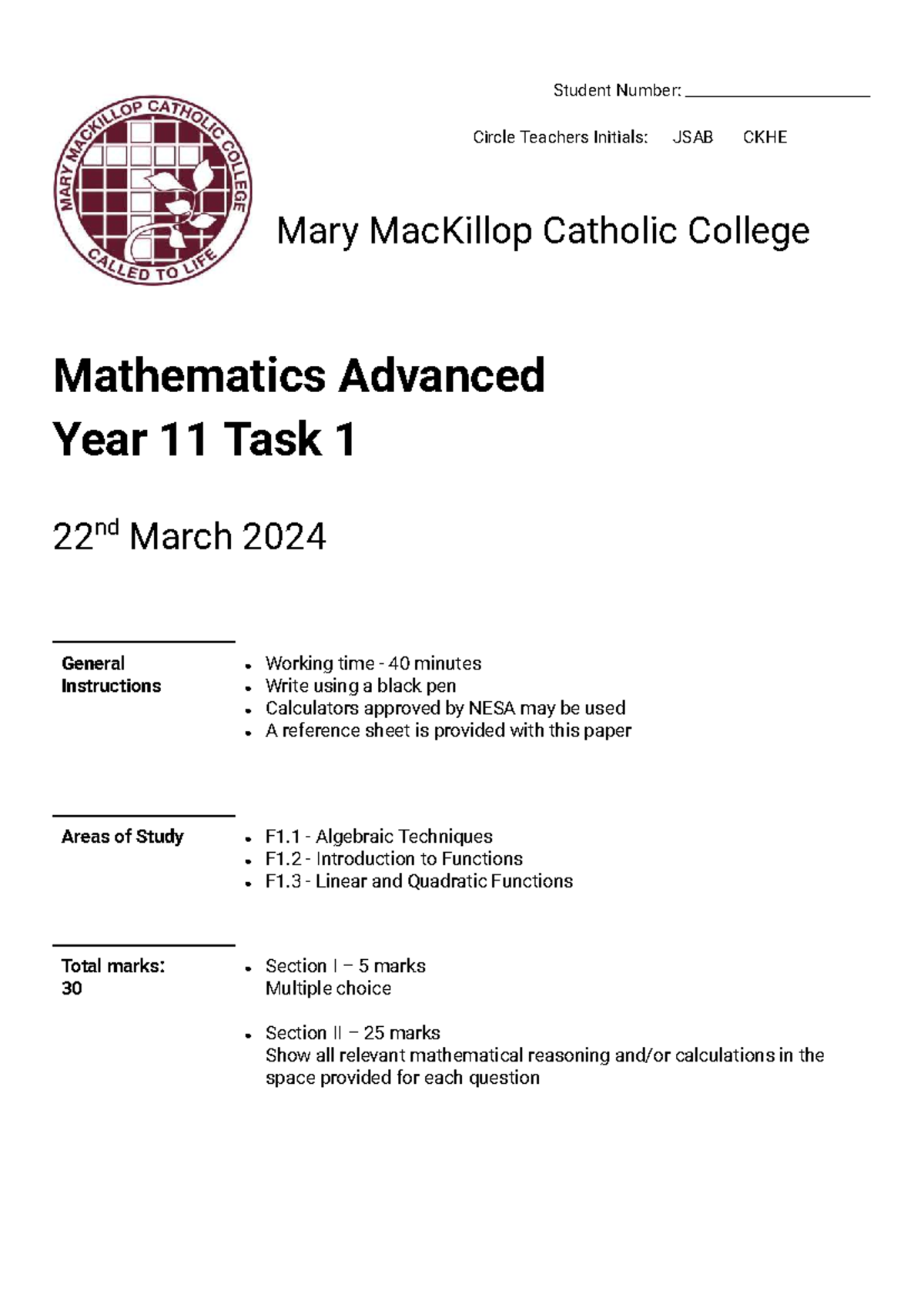 Year 11 Advanced Maths Task 1 (MAT101) - March 2024 Exam Guide - Studocu