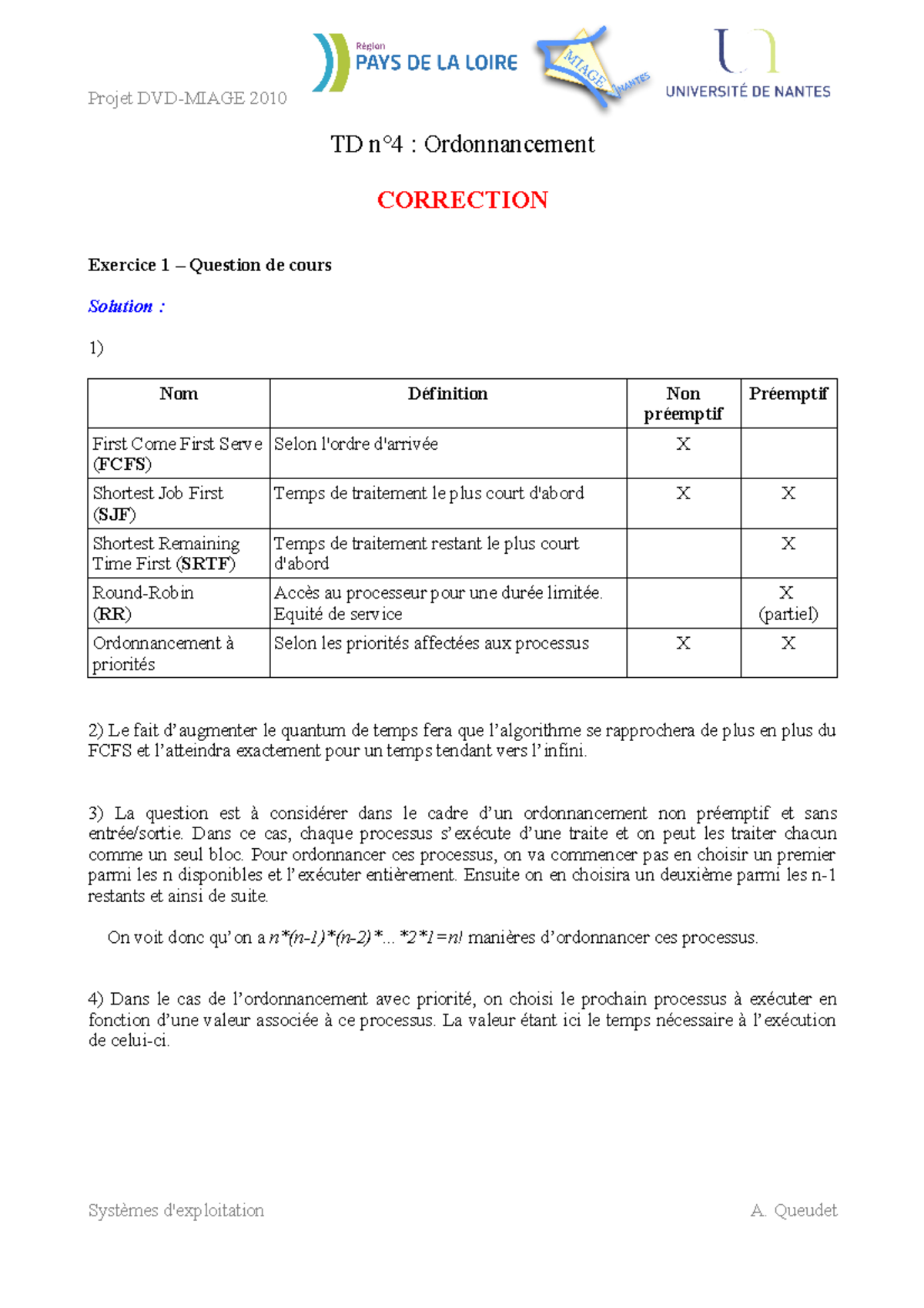 Correction TD4: Ordonnancement - Solutions et Explications Pratiques - Studocu