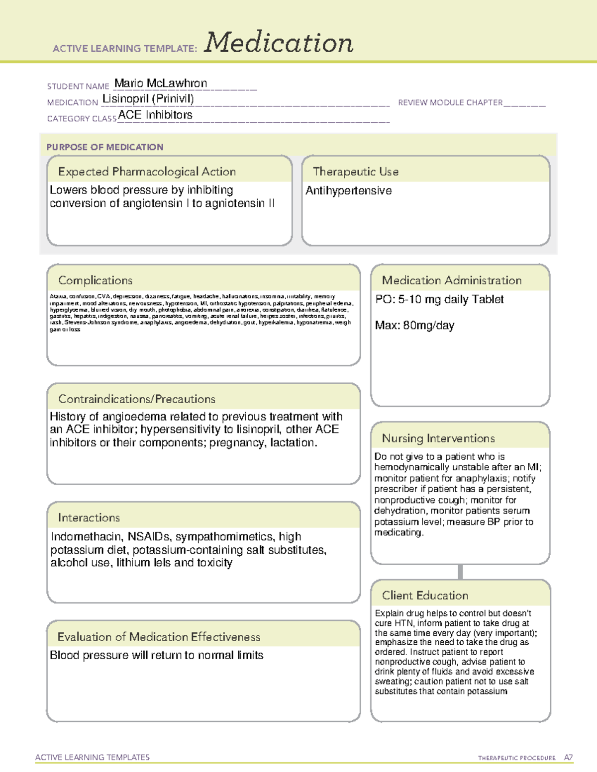 Medication Card- Lisinopril - ACTIVE LEARNING TEMPLATES TherapeuTic ...