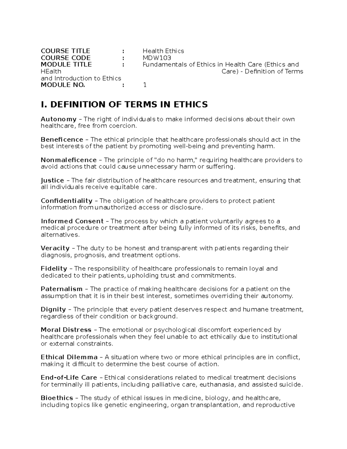 Health Ethics MDW103: Key Terms and Concepts in Healthcare Ethics - Studocu