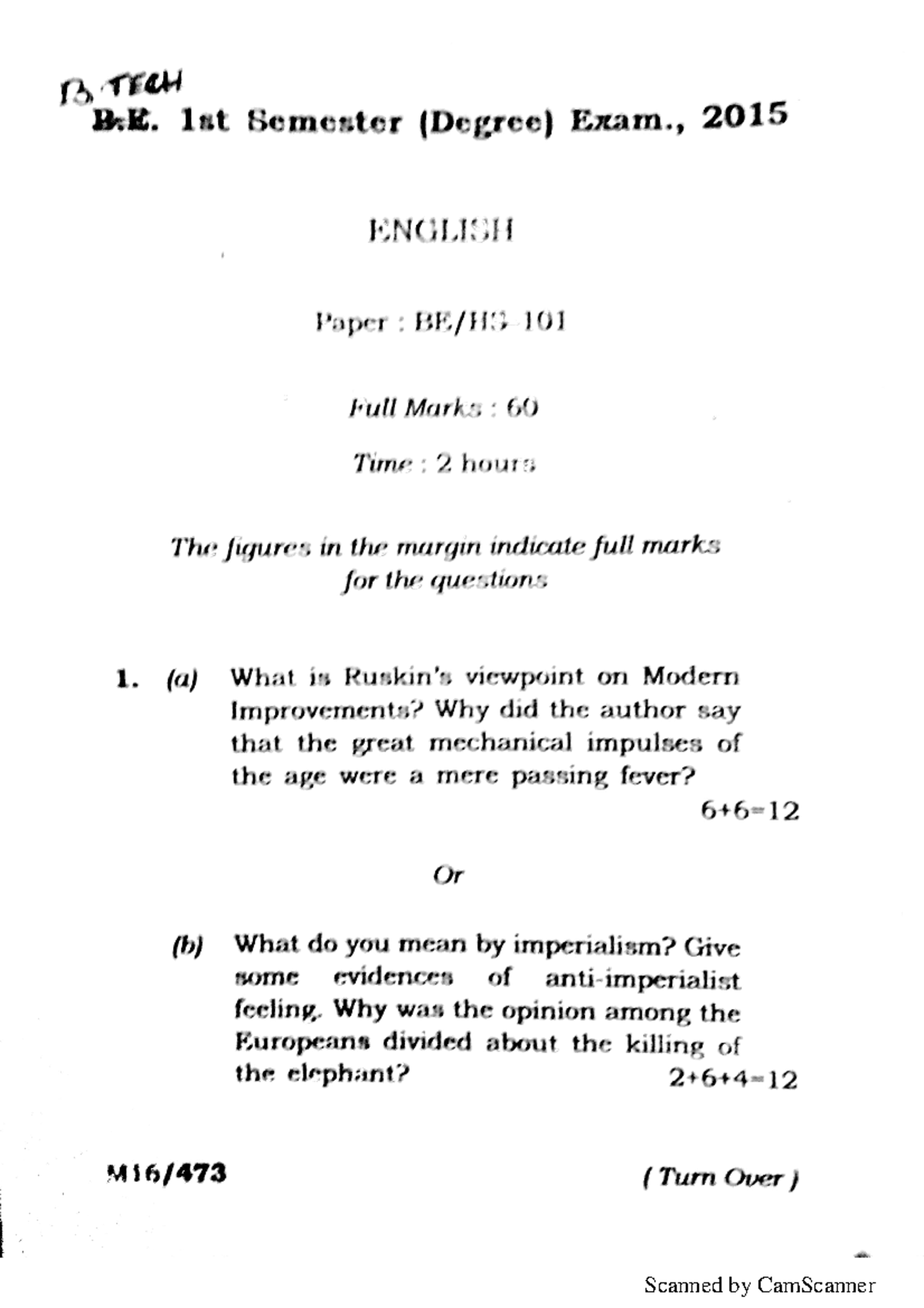 Degree 1st sem 2015 question papers - B TECH B. 1st Semester (Degree ...