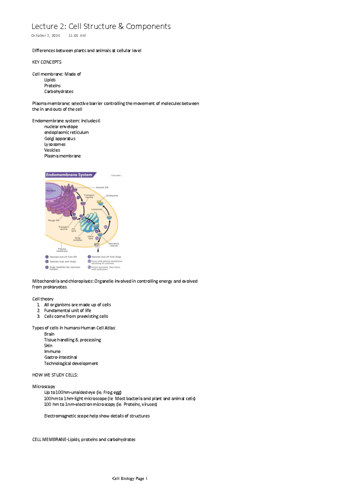 Lecture 2 Cell Structure & Components - Differences between plants and ...