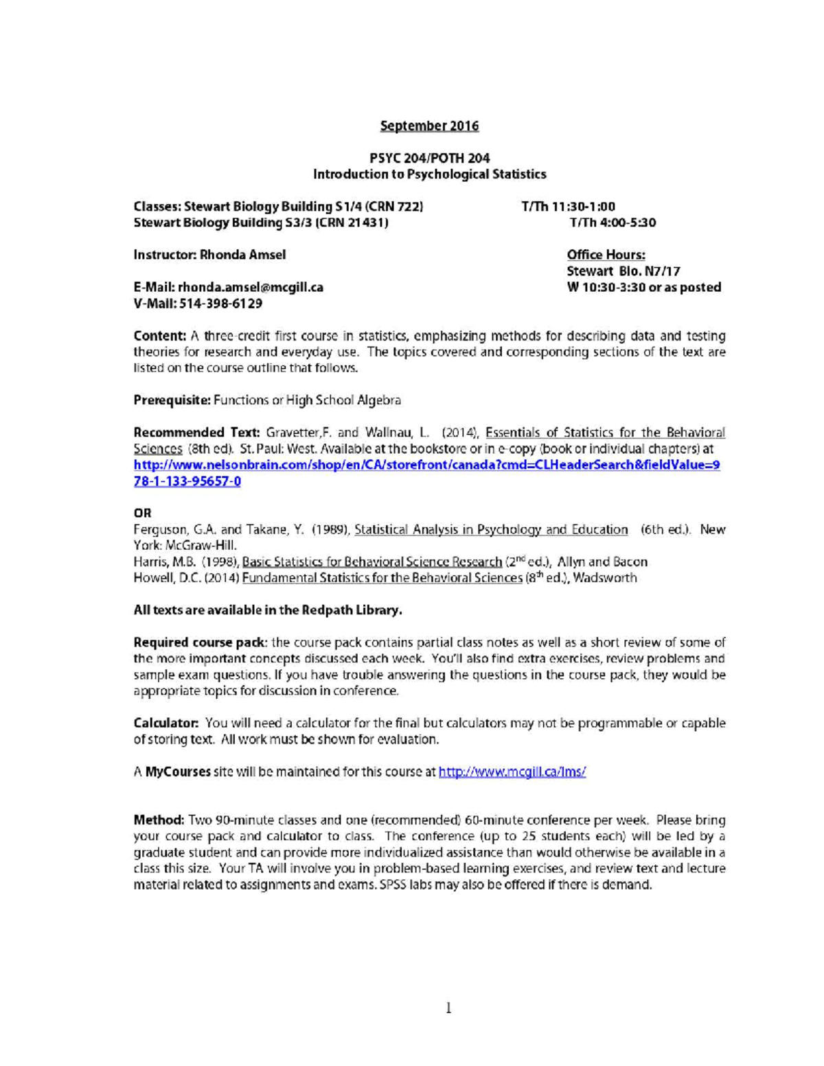 PSYC 204 Introduction to Psychological Statistics Course Outline - Studocu